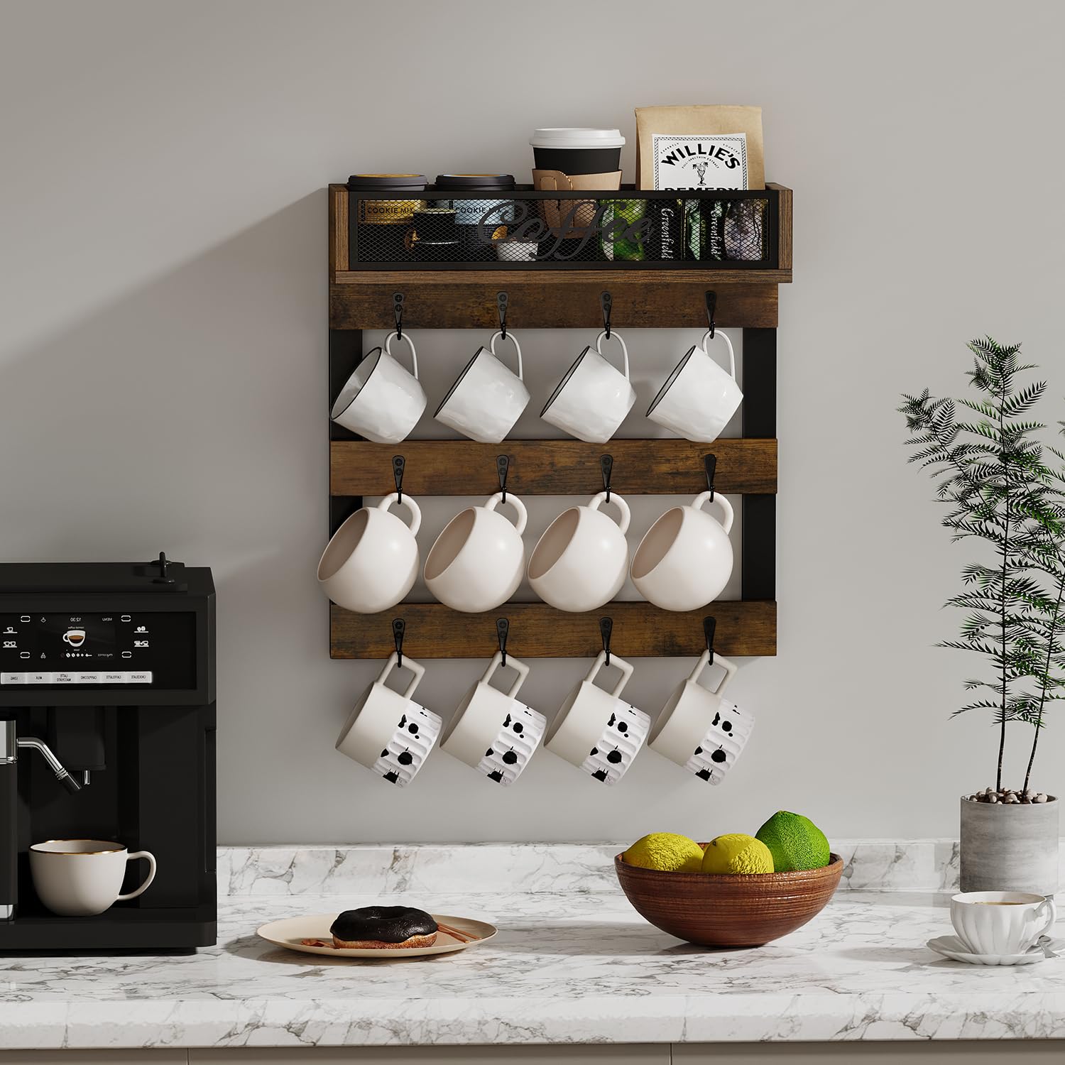 YINMIT Coffee Mug Rack Wall Mounted,Coffee Cup Holder with 12 Hooks,Wood Mug Organizer with Top Shelf for Coffee Beans,Sugar Jar,3-Tier Mug Display for Home,Office,Kitchen