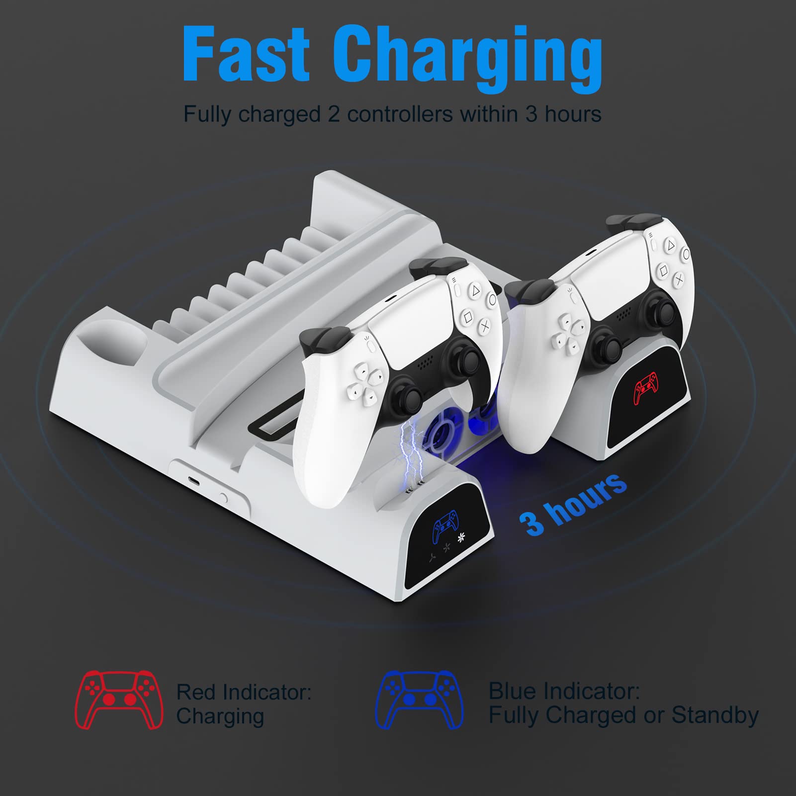 PS5 Cooling Stand with 2 Controller Charger Station and Extra Headset Holder for PS5 Disc & Digital Editions, Dual Controllers Charger, 3-Speed Adjustable Silent Fans, 11 Games Rack Organizer, White
