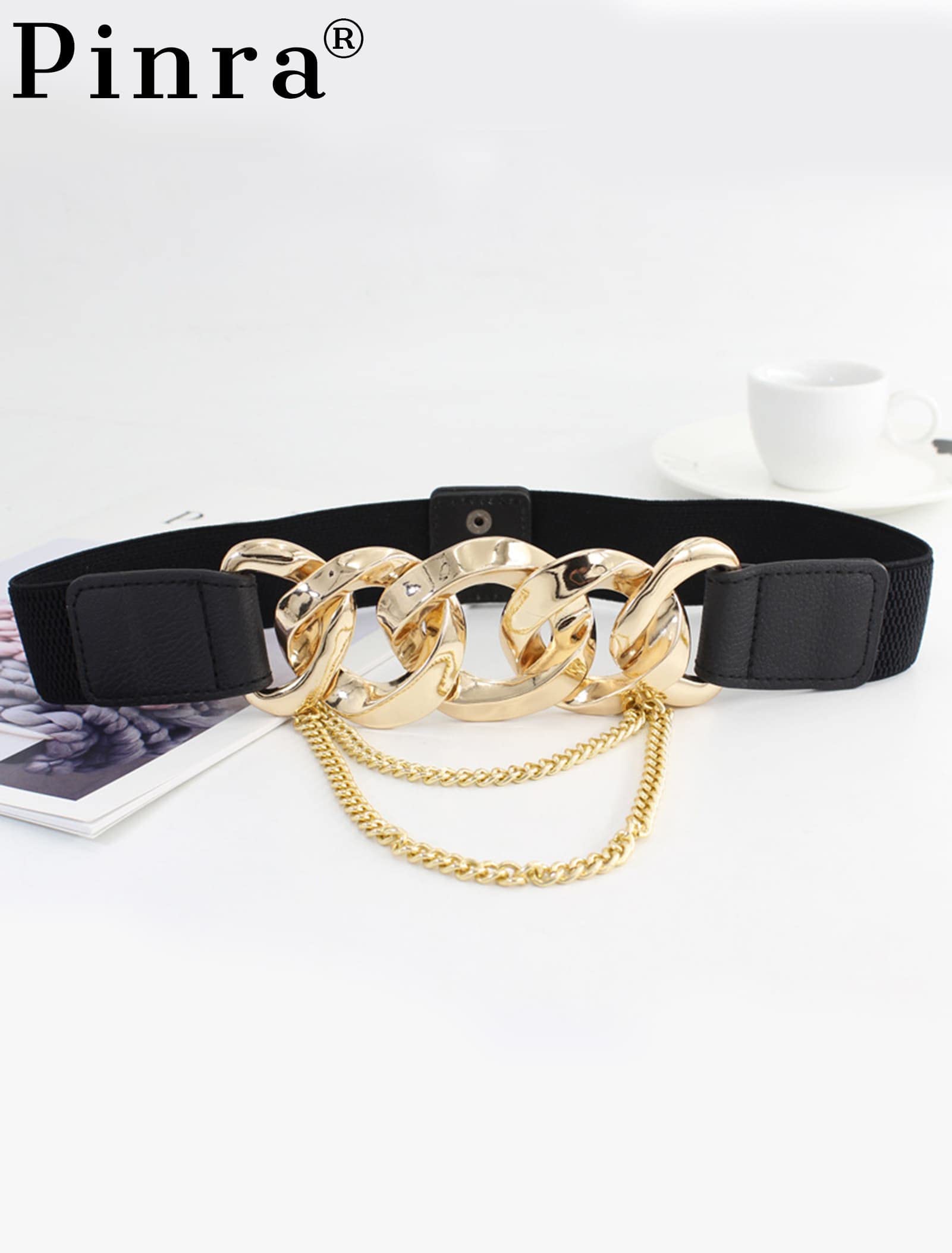 Pinra Leather Elastic Belts for Women Punk Stretchy Chain Belts Thick Black Belt with Gold Chain for Dress 70cm