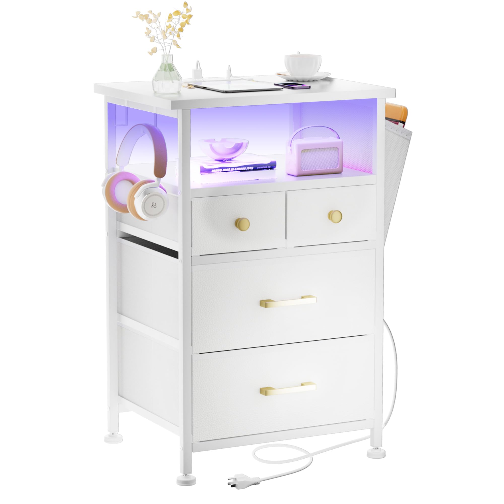 YIPPPPE White Nightstand with Charging Station, Led Night Stand, Bedside Table with 4 Drawers & Storage Shelf for Bedroom Dorm Small Space, 2 Hooks and 1 Side Pocket, White