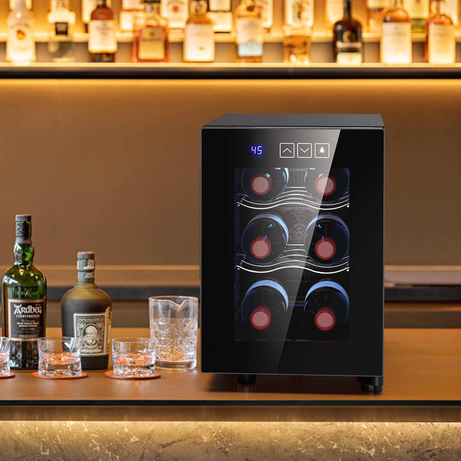 Mojgar 6 Bottle Wine Cooler, Freestanding Small Wine Fridge with 46-66℉ Digital Temperature Control Thermoelectric Wine Cooler, Countertop Wine Cooler for Wine Enthusiasts, 16L Wine Refrigerator