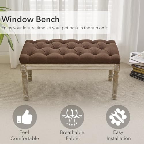 LOULENS French Vintage Bench, Linen Fabric Entryway Bench, Upholstered Tufted End of Bed Bench with Brushed Wood Legs, Dark Grey