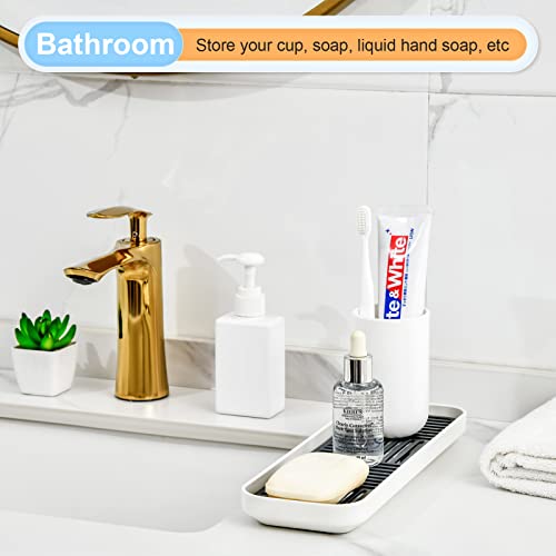 SUBEKYU Kitchen Soap Tray, Double Layer Sink Organizer for Kitchen Counter/Bathroom, Soap and Sponge Holder with Detachable Drain Tray, Grey+White, 1 Pack