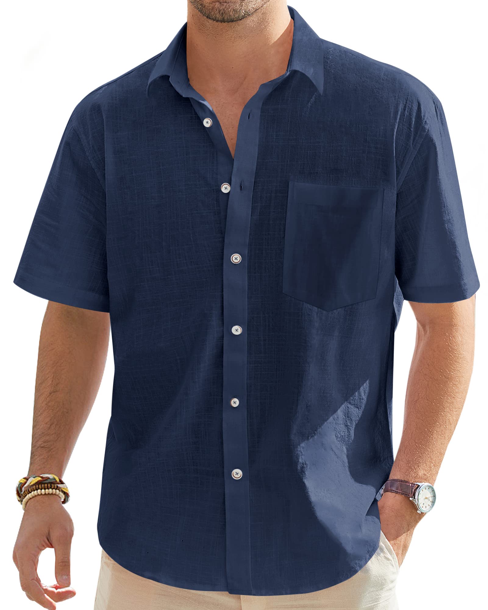 J.VER Men's Short Sleeve Linen Cotton Shirts Casual Button Down Shirt Summer Beach Tops with Pocket Navy Blue Medium