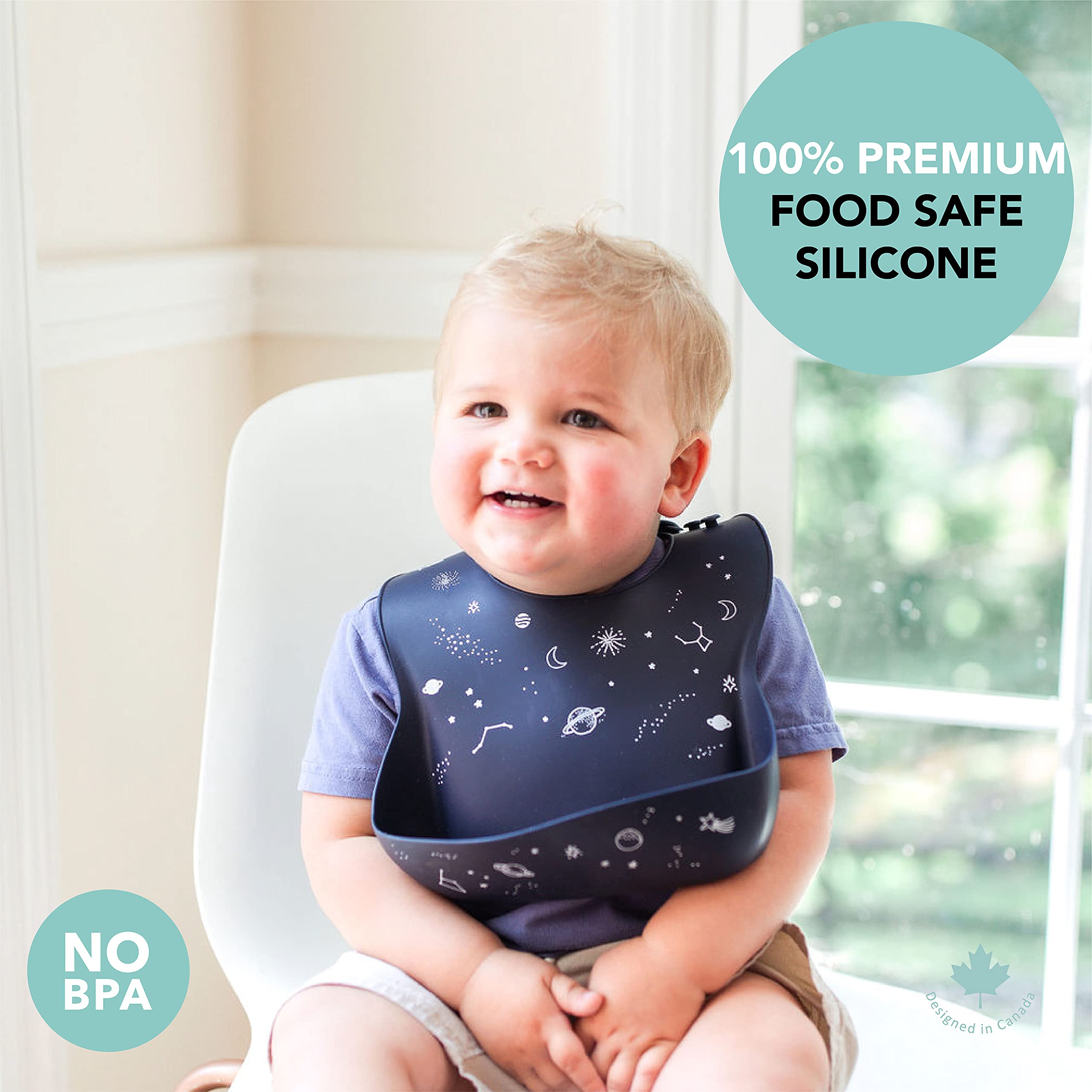 Loulou Lollipop Soft, Waterproof Silicone Feeding Bib for Babies and Toddlers 3 to 36 Months, Easy to Clean, Adjustable Fit and Catch-All Pouch - Space