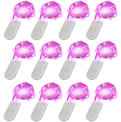 Kubert 12 Pack Led Fairy Lights Battery Operated String Lights Waterproof Silver Wire, 7 Ft 20 Led Firefly Starry Moon Lights for DIY Wedding Party Bedroom Patio Christmas(Pink)