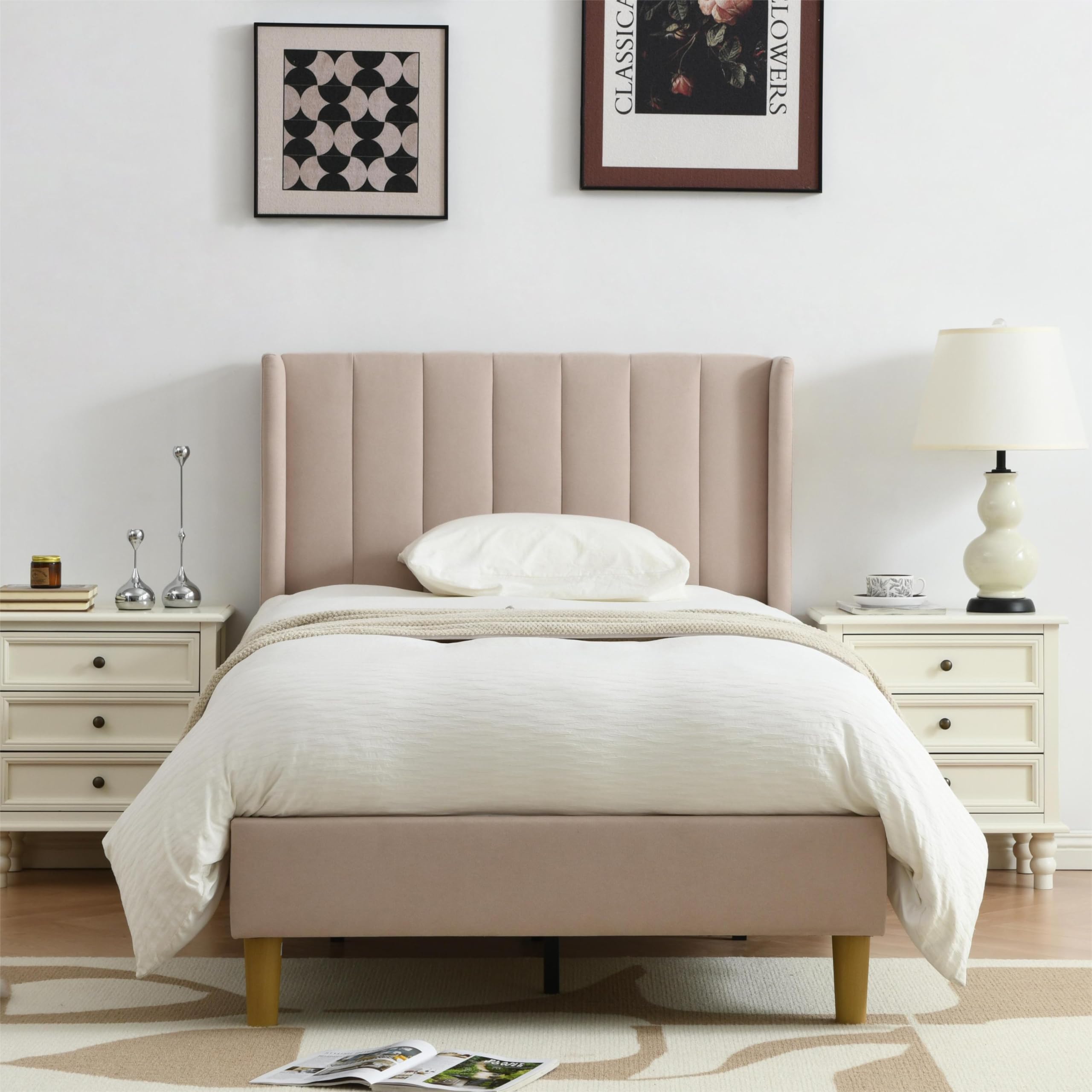 YUHUASHI Twin Size Bed Frame, Upholstered Bed Frame with Modern Geometric Wingback Headboard, Velour Fabric, Platform Bed Frame with Wooden Slats, Easy to Assemble and Noiseless (White, Twin)