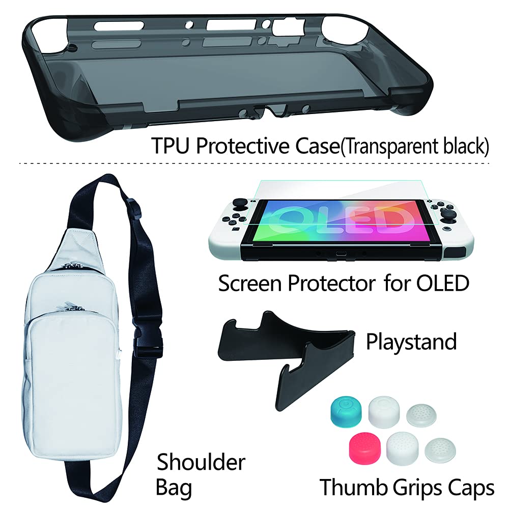 omarando TPU Case Cover Accessories Kit for Nintendo Switch (OLED Model),Shoulder Bag for Switch,with Tempered Glass Screen Protector,Thumb Grip Caps .Mini Travel playstand (Black)