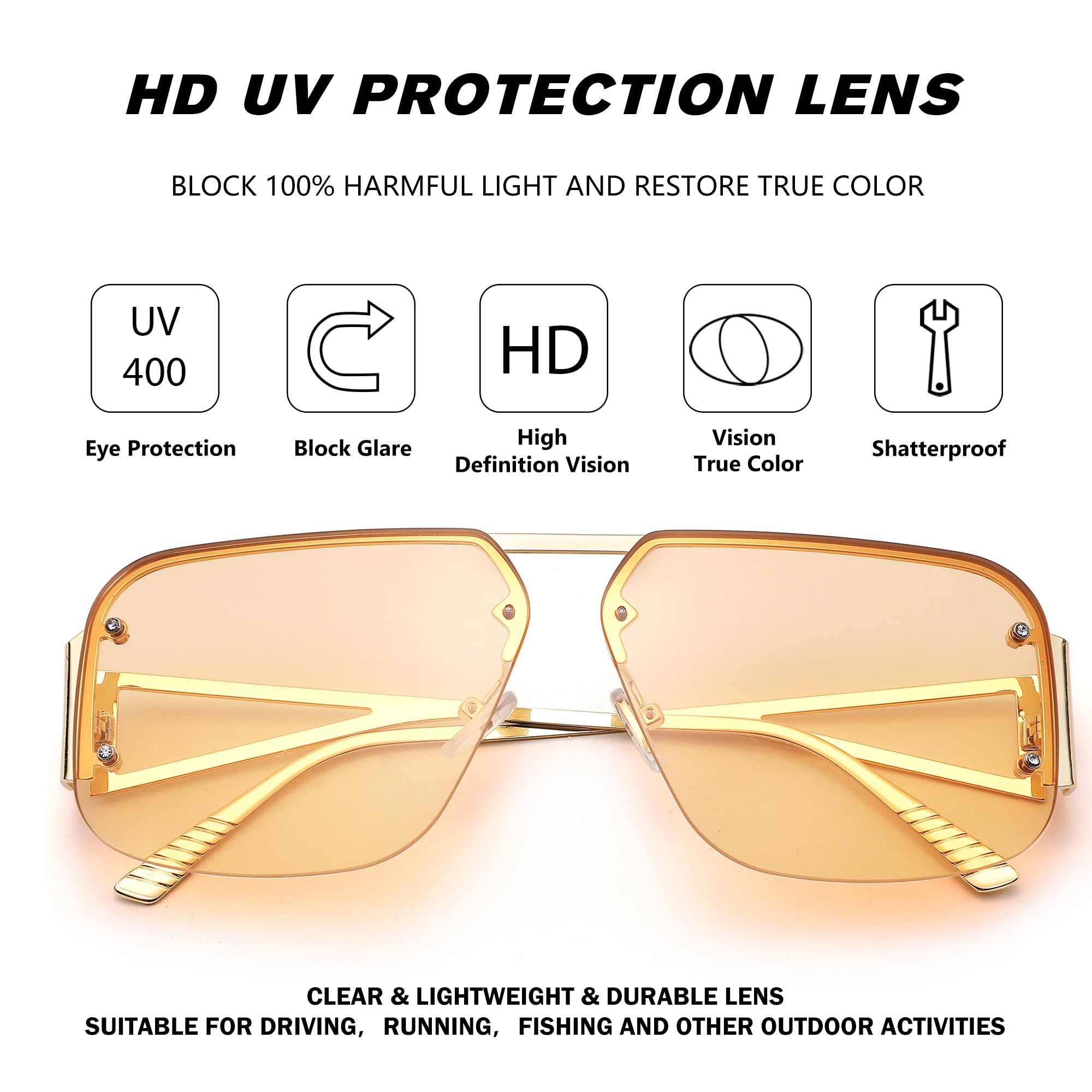Pro Acme Aviator Sunglasses Women Men Trendy Rimless Frame Retro Square Shades Large Metal Sun Glasses(Champagne)
