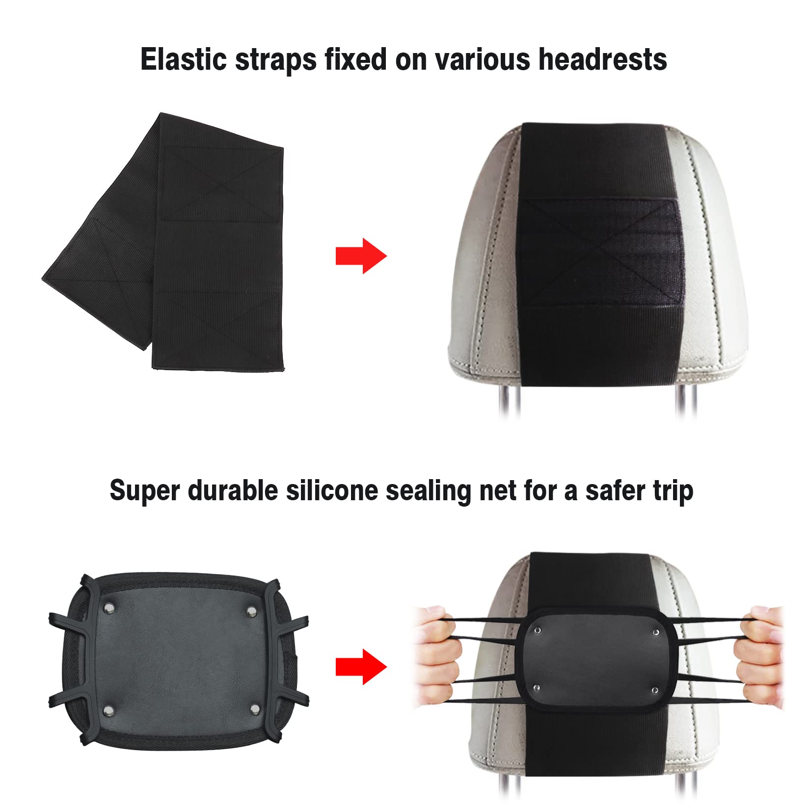 MONEER Upgraded Car Headrest Mount Holder, Tablet Holder for Car in Back Seat with Soft Silicon Holder Net and Anti-Slip Strap, Fits All 7-10.5 Inch Tablets/iPads