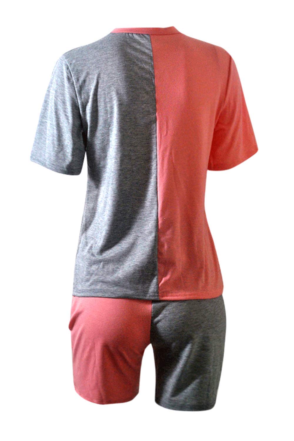KANSOON Womens 2 Piece Outfits Color Contrast Crew Neck Top and Tight Biker Shorts Summer Set Pinkgrey XL