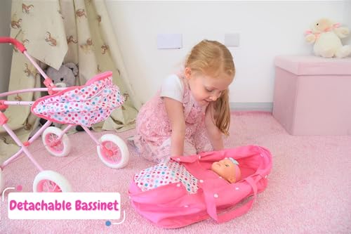KOOKAMUNGA KIDS Baby Doll Stroller - Realistic 2 in 1 Baby Stroller for Dolls w/Detachable Bassinet β Toy Pram w/Carry Cot, Retractable Canopy & Soft Grip Handle - for Dolls up to 18" - Pink