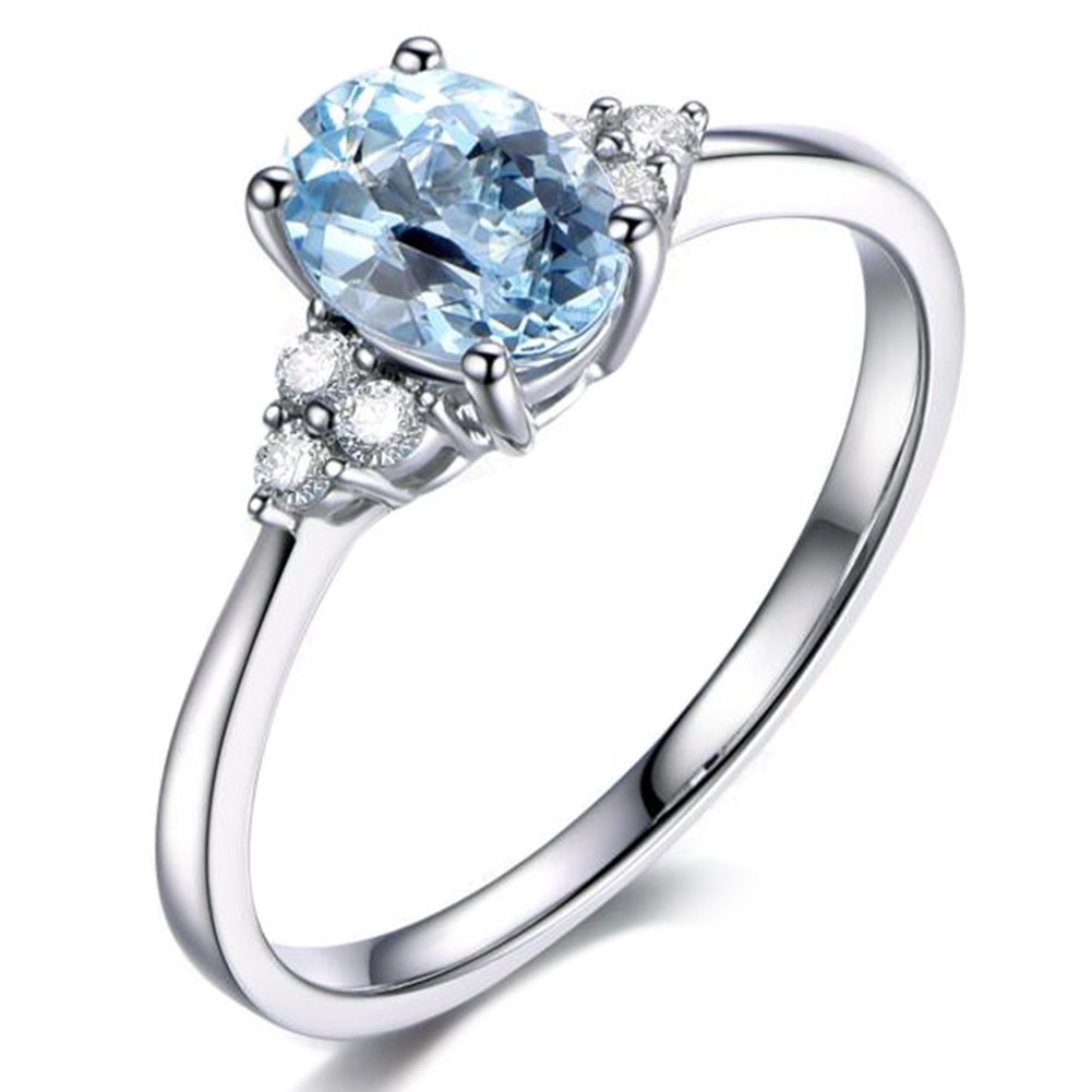 Kardy Fashion Gemstone Sea Blue Aquamarine Oval Cut 14K White Gold Engagement Women's Diamond Band Ring Set