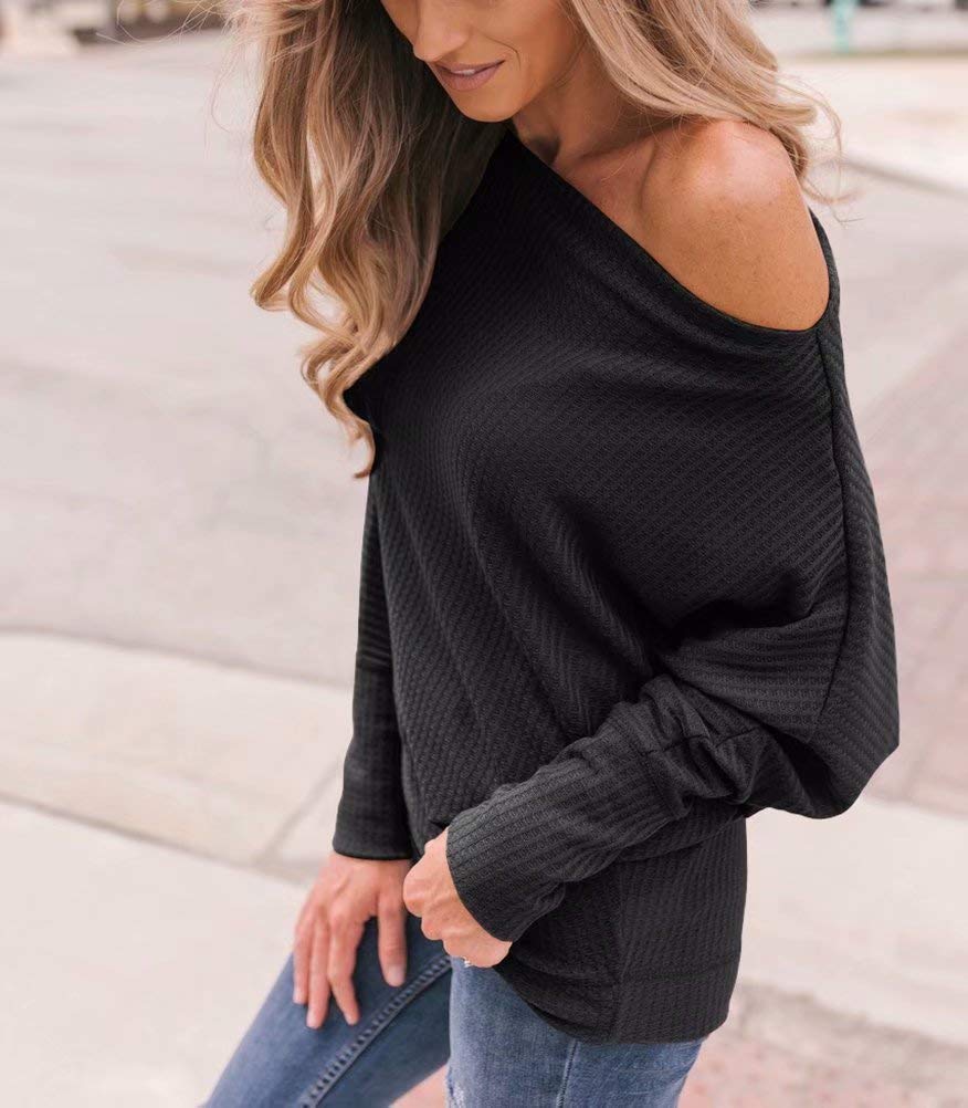 Lacozy Womenâ€s Waffle Knit Off The Shoulder Tops Casual Oversized Long Sleeve Tunic Shirts Pullover Sweaters Black 2X-Large