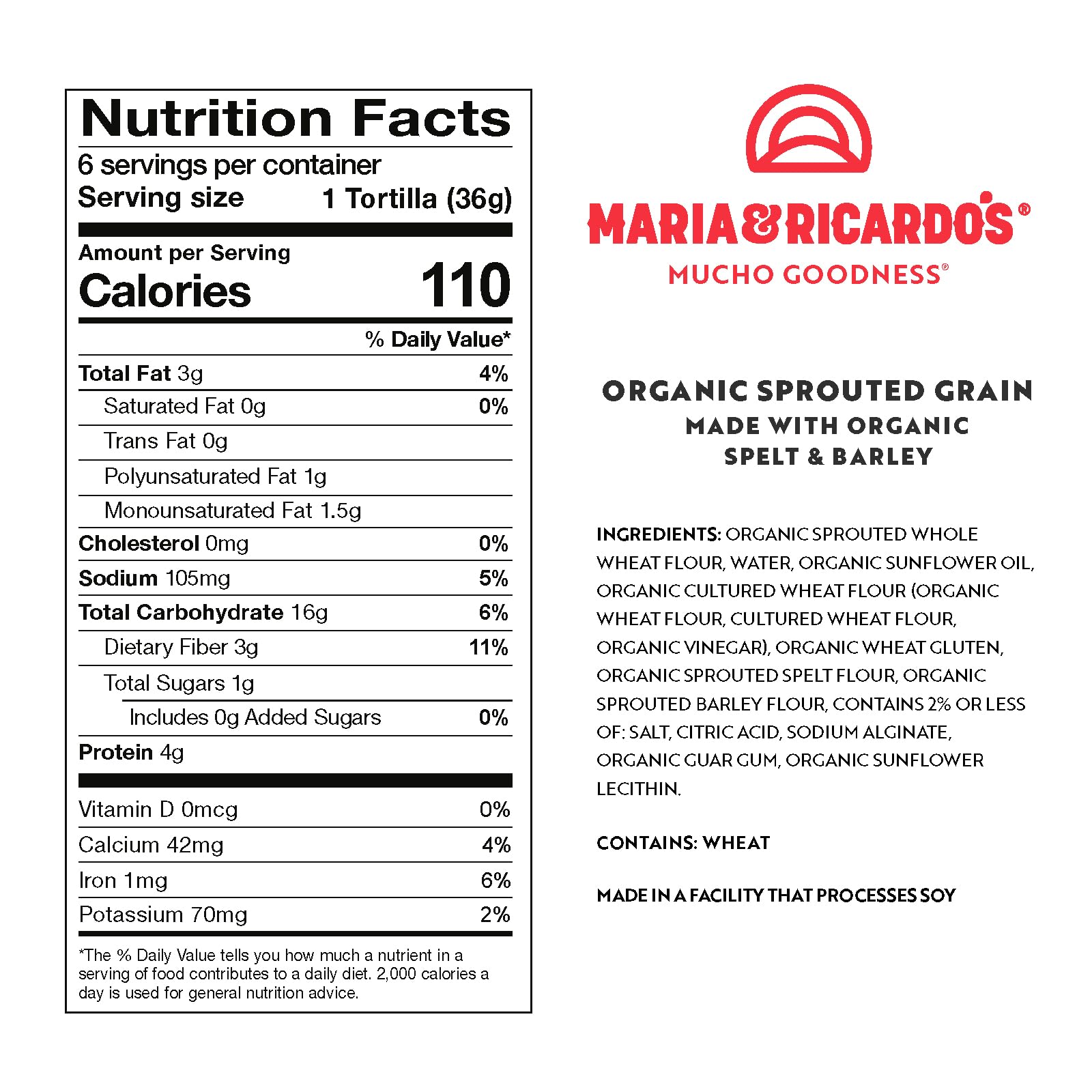 Maria & Ricardo's Organic Sprouted Tortillas. (3 Pack) USDA Certified Organic, Non GMO PV, Vegan, Kosher. 6 Tortillas per Pack