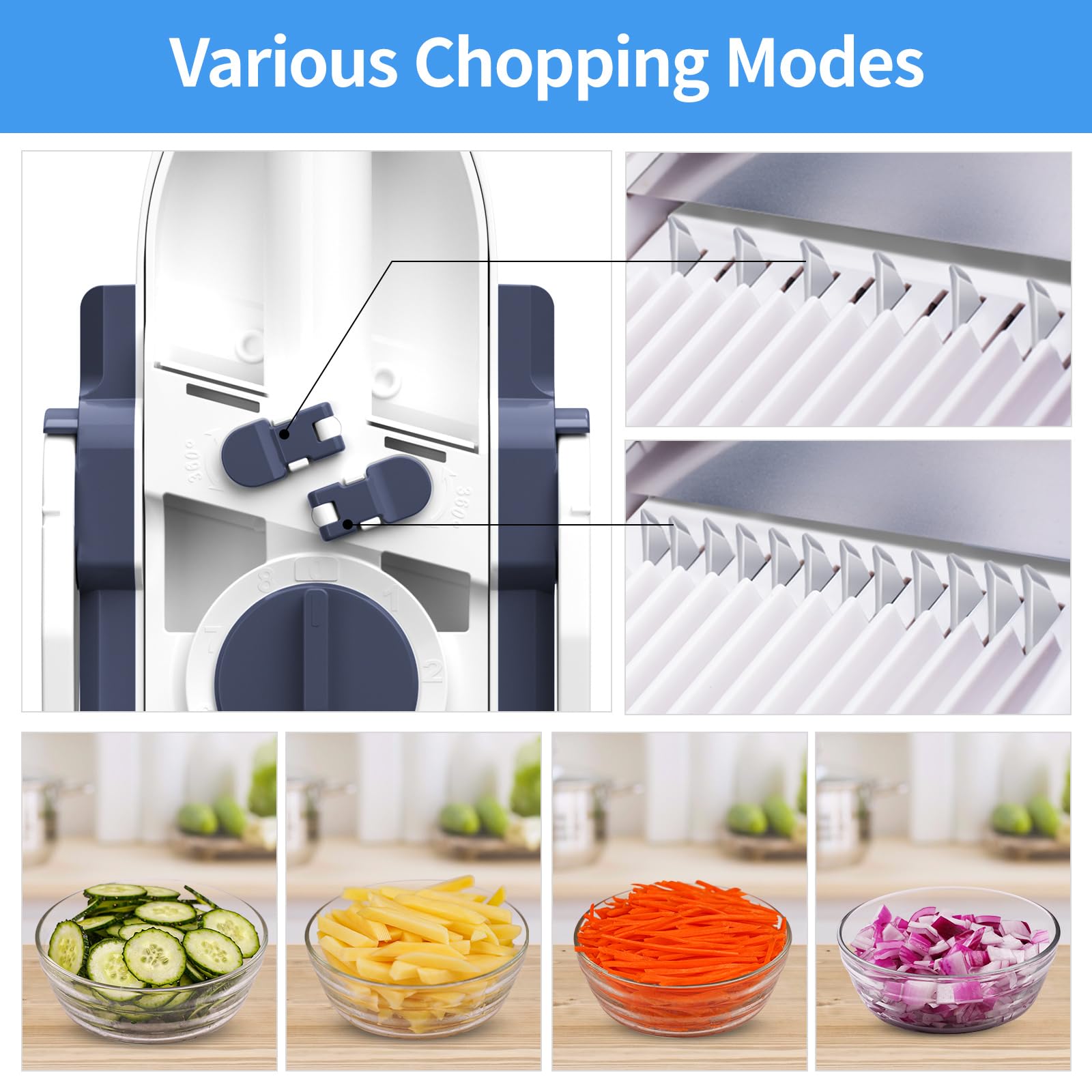 Jonscook Multifunctional Kitchen Gadgets Mandoline Food Slicer, Safe Veggie Chopper Vegetable Cutter, French Fry Cutter Onion Chopper Vegetable Slicer Fruit Cutter Dicer For Meal Prep - DeepBlue