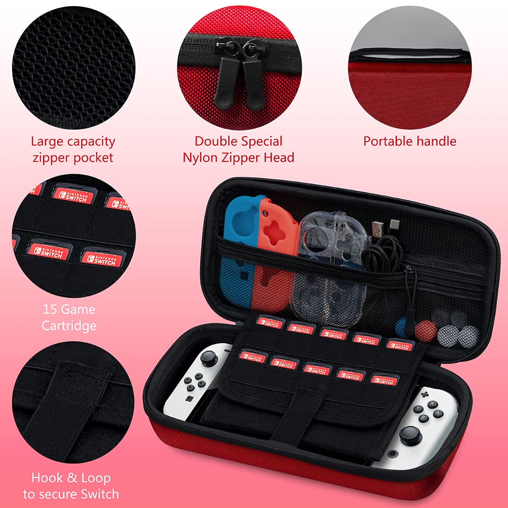 omrando Hard Carrying Case Compatible with Nintendo Switch (OLED model) and Nintendo Switch,with Playing Stand, Tempered Film for Switch and OLED,Switch Accessories (Black-Red)