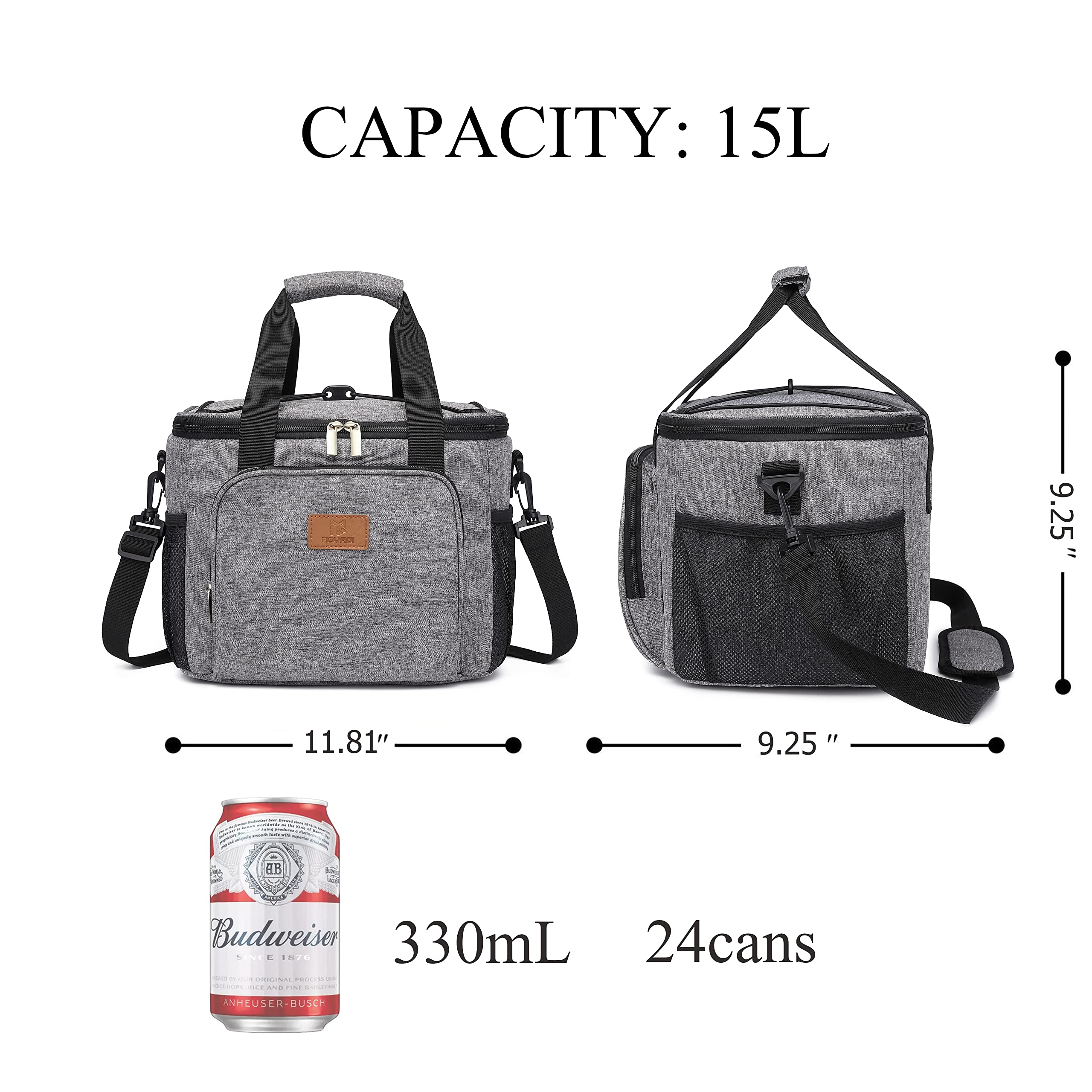MYQ MOYAQI 15L Insulated Cooler Bag, Grey, 24-Can Capacity, Ideal for Picnics, Camping, Beach, Road Trips, Travel