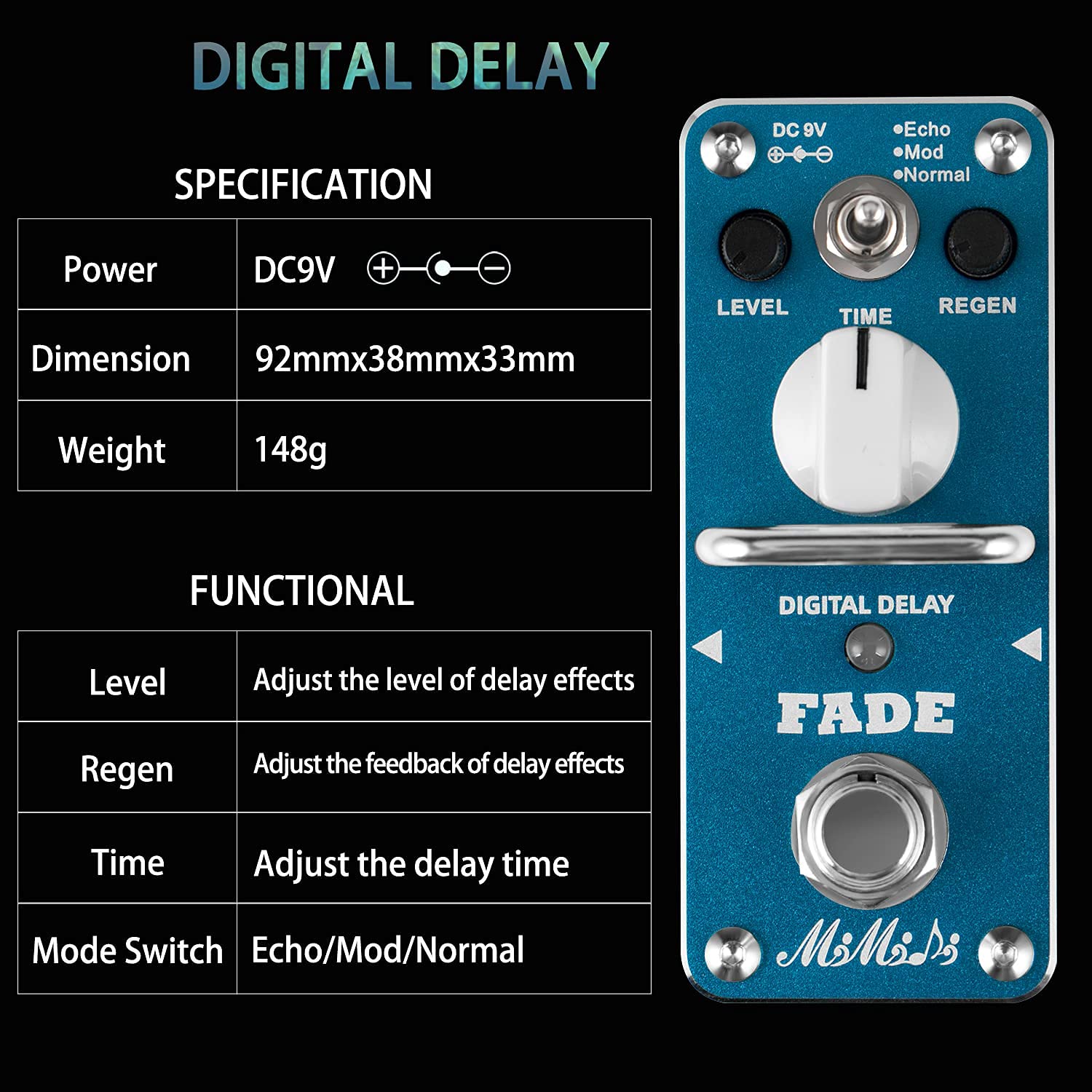 MIMIDI Digital Delay Guitar Effect Pedal with True Bypass 3 Modes Portable Mini for Electric Guitar And Bass