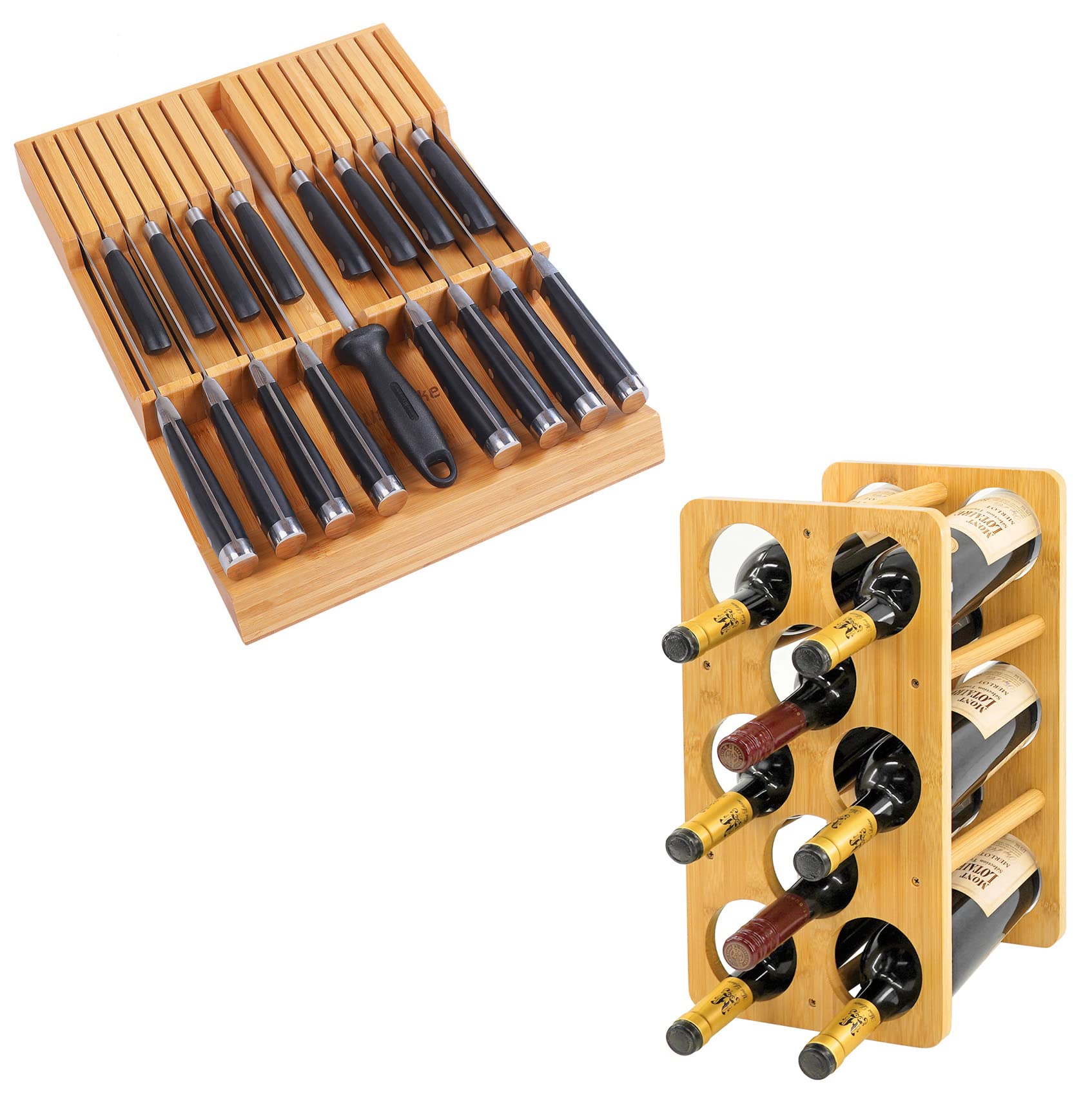 Utoplike In-drawer Knife Block Bamboo Kitchen Knife Drawer Organizer and Wine Bottle Holder, Wine Racks Countertop