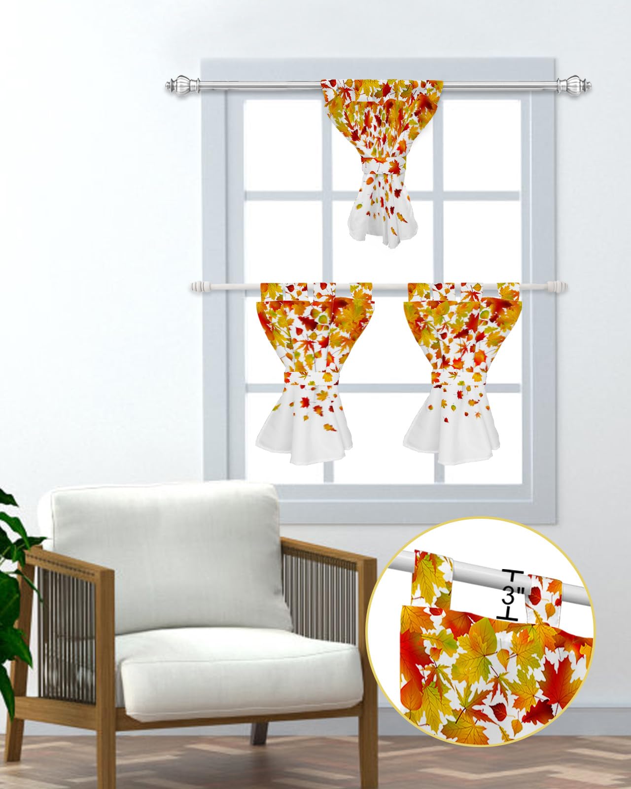 Kitchen Curtains Tiers and Valances Set 3 Piece Tab Top Valances for Windows, Fall Decor Kitchen Window Curtains Set, Valances for Living Room Bedroom, Orange Gradient Maple Leaves Thanksgiving