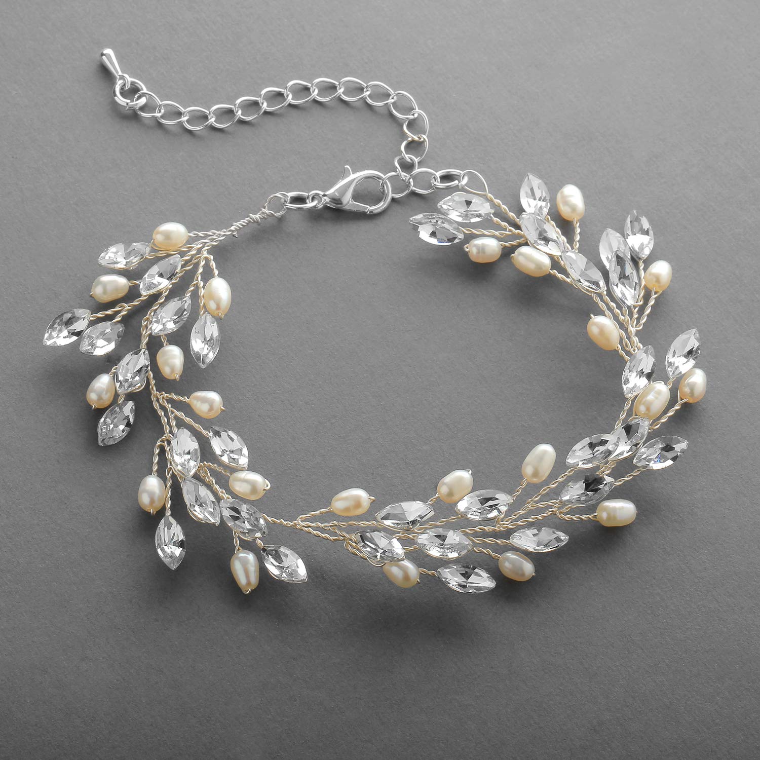 Mariell Bridal and Wedding Silver Bracelet with Crystal Gems and Freshwater Pearls, Fits 7" to 8 ½" Wrist