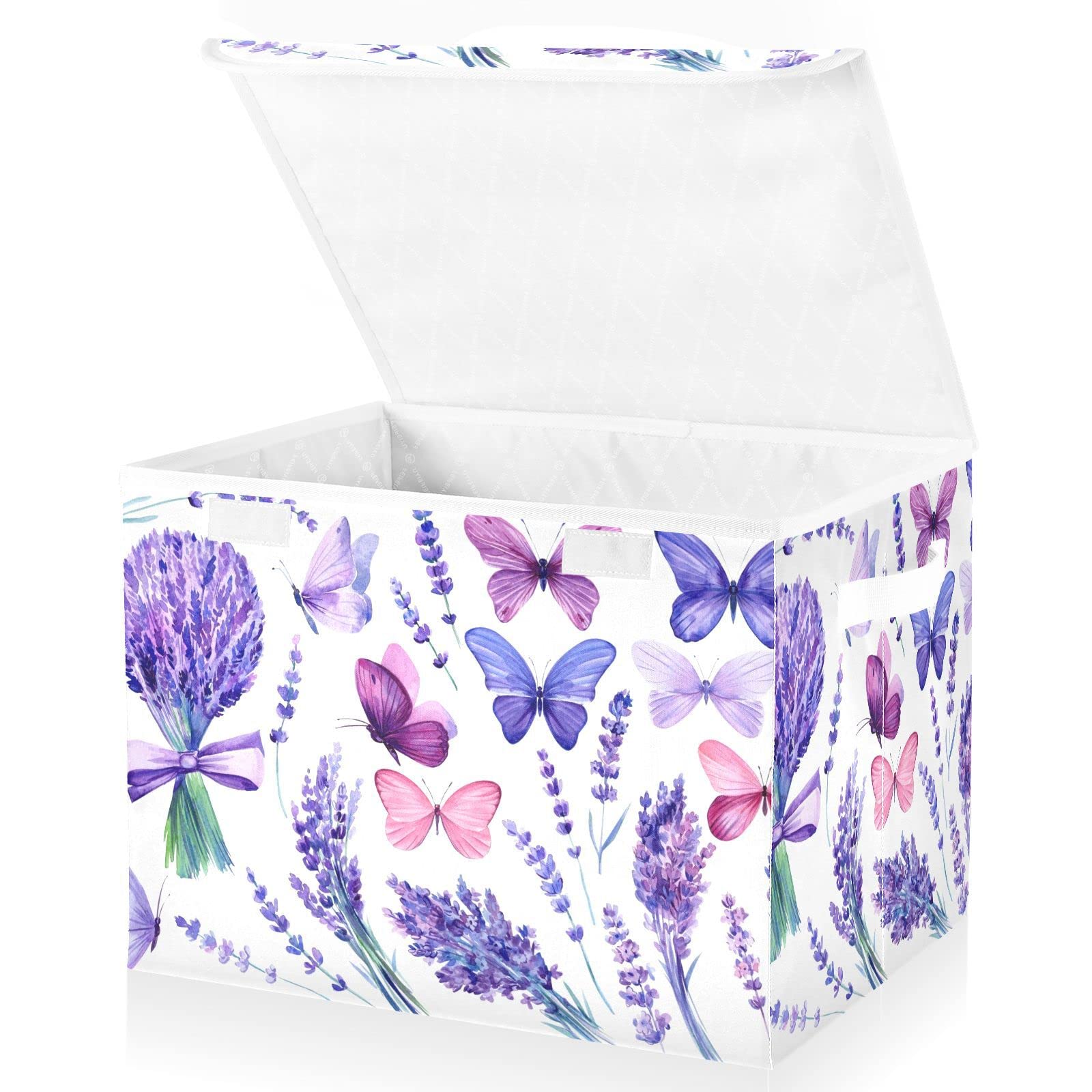 MFTJYO Storage Bin with Lid Purple Lavender Butterfly Foldable Storage Box Washable Fabric Storage Cubes Bin Organizer Basket Closet for Home Bedroom Closet Nursery Office