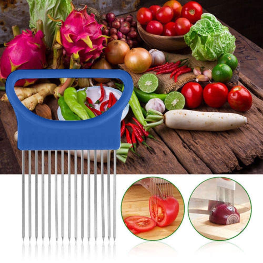 Kitchen Cutting Tool Slicer, Tomato Onion Vegetables Slicer Cutting Aid Holder Guide Slicing-Cutter Stainless Safe-Fork (Blue, One Size)
