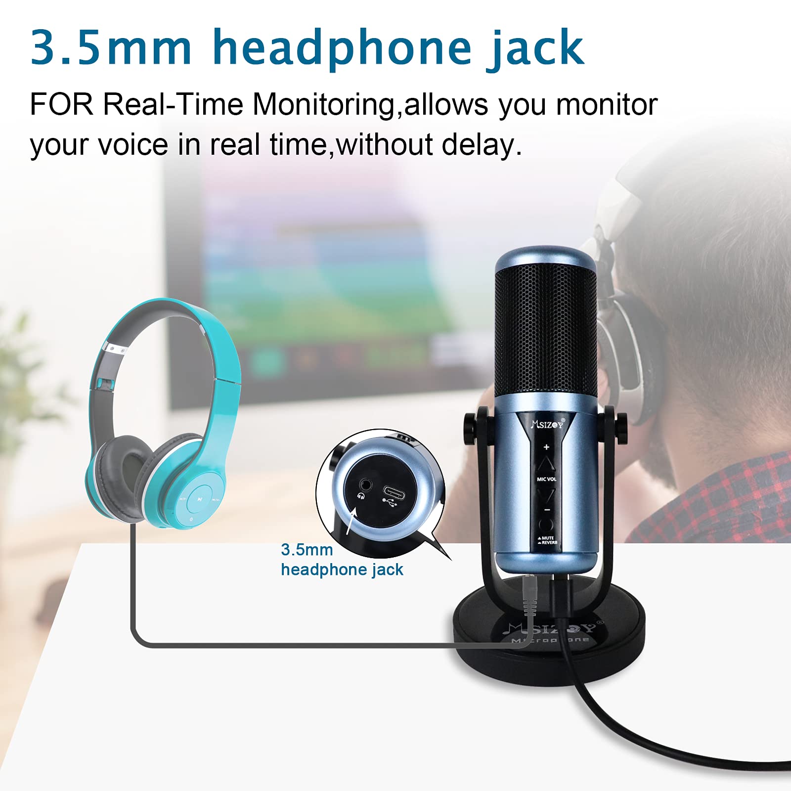 MSIZOY Professional USB Condenser Microphone, Plug and Play Cardioid Mic for PC,Laptop,Mobile Phone,Compatible with Windows,Mac OS,Chrome and Linux,Ideal for Podcast,Vocal,Singing,Recording,etc(Blue)