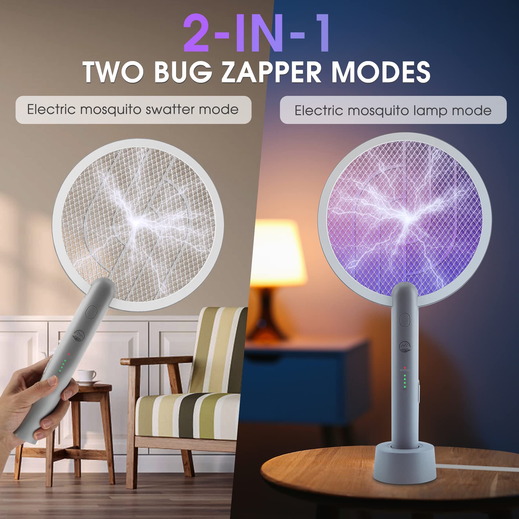 Mosiller Electric Fly Swatter Racket, 2 in 1 Rechargeable Bug Zapper with 3 Layer Protection, USB Charging Fly Zapper & 4000 Volt Purple Light Mosquito Swatter for Indoor and Outdoor