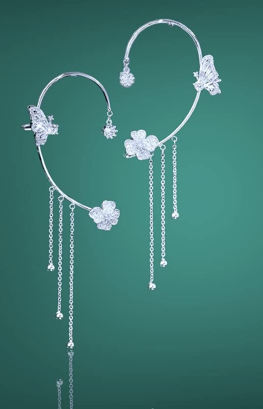 New Silver Trendy Crystal Diamond Flower Clip On Earrings No Piercing Cuffs iced Out Zircon Cz Tassel Butterfly Ear Cuff Earring