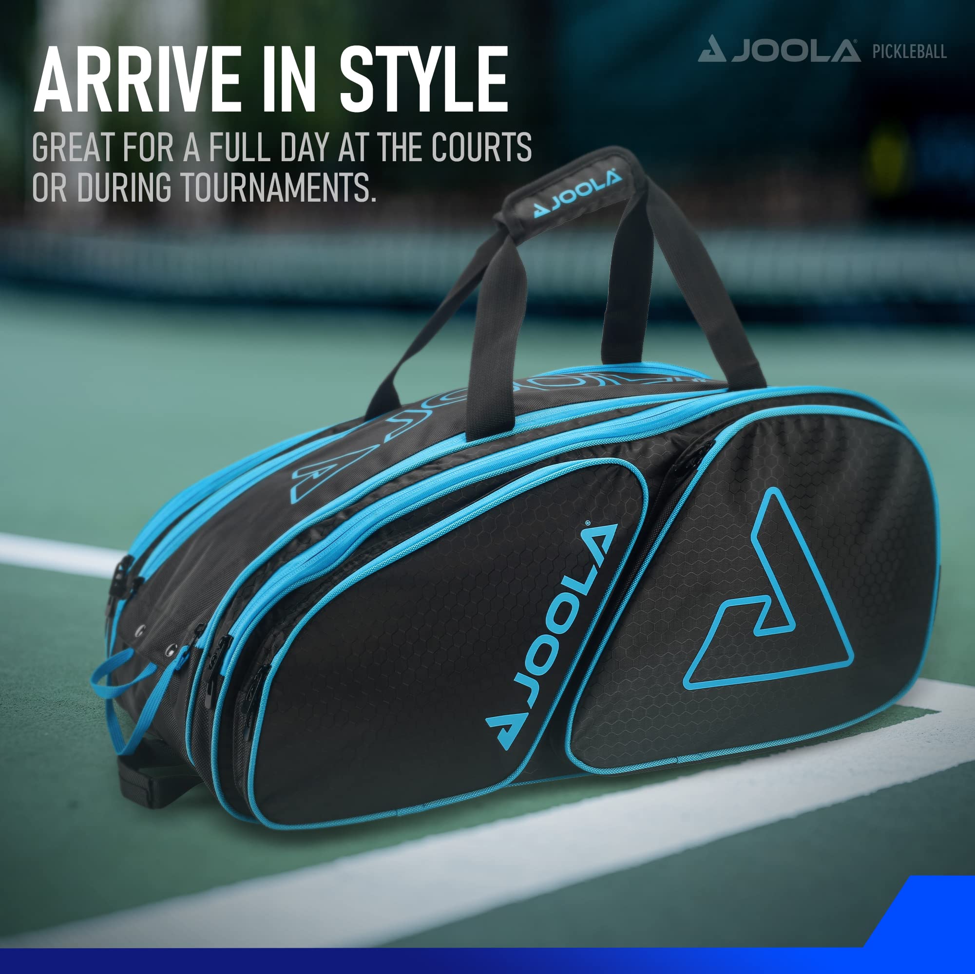JOOLA Tour Elite Pickleball Bag β Backpack & Duffle Bag for Paddles & Pickleball Accessories β Thermal Insulated Pockets Hold 4+ Paddles - Includes Fence Hook Black/Light Blue