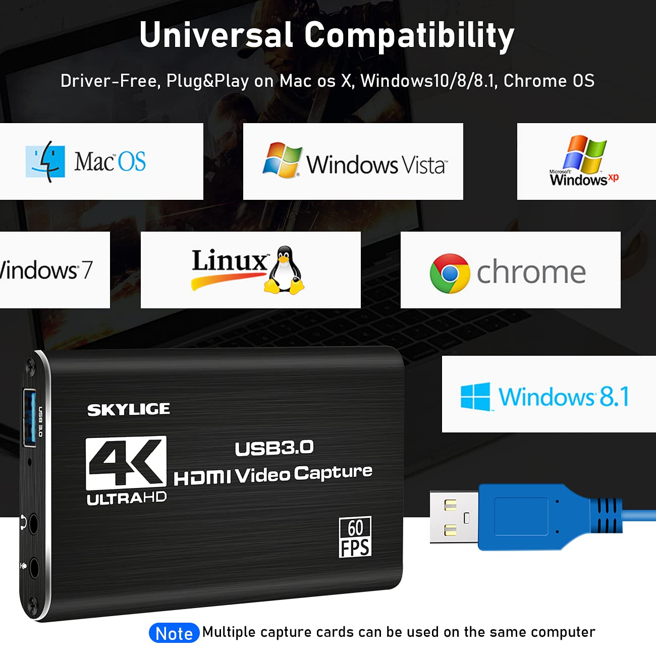 SKYLIGE Capture Card, 4K HDMI Audio Video Capture Card with Loop-Out, 1080P 60FPS Game Live Streaming Caputre Device for Nintendo Switch/PS4/Xbox One/OBS/Camera/PC/Conference, Black
