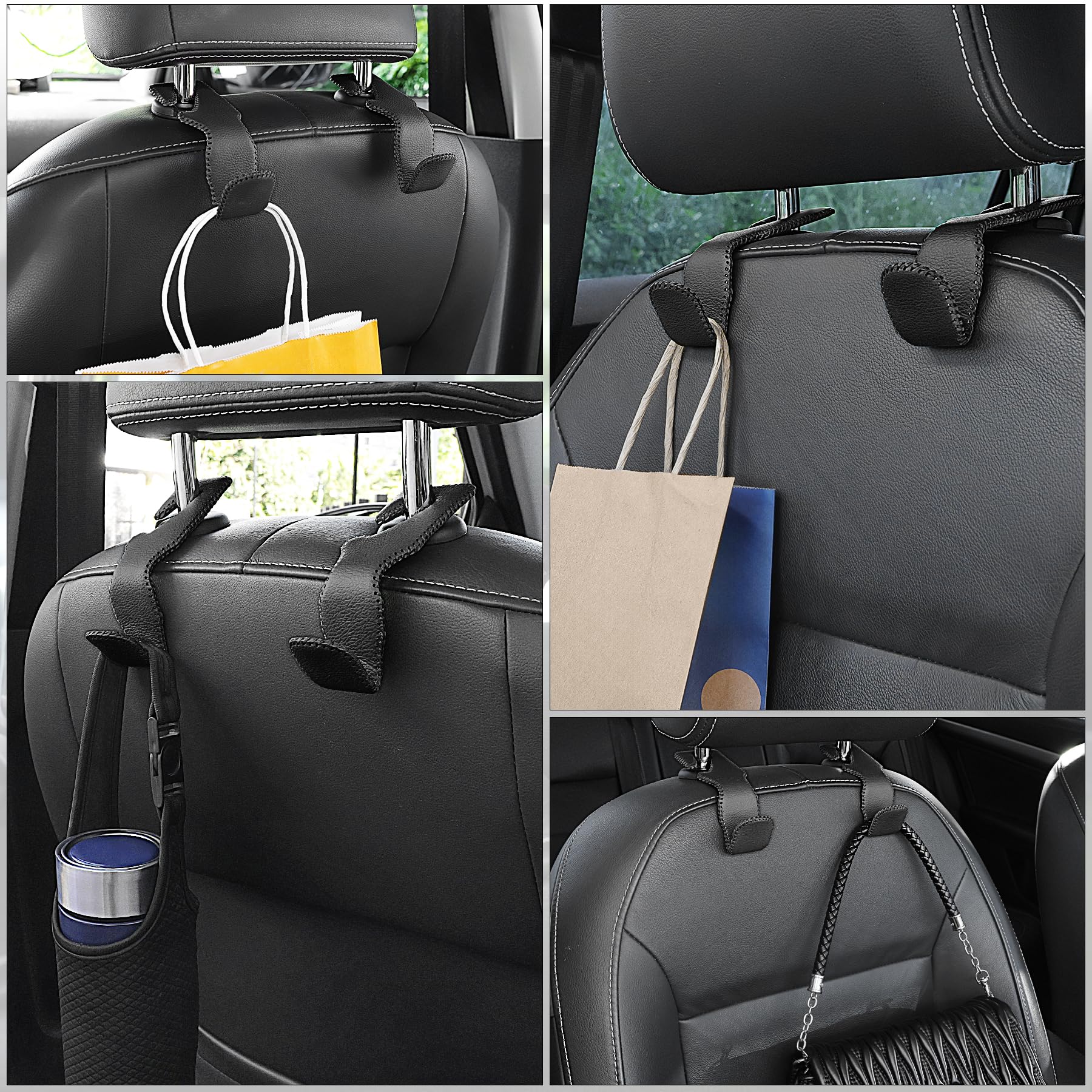 LivTee Black Superior Leather Car Seat Back Headrest Hook, Auto Seat Hook Hangers Interior Accessories for Purse Coats Umbrellas Grocery Bags Handbag, 2-Pack