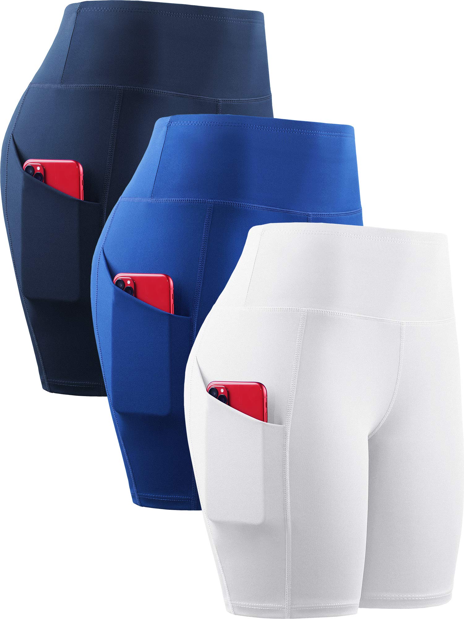 NELEUS Women's 3 Pack Athletic Shorts for Biker Running Yoga Gym Workout Tummy Control Workout with Pocket,1010,White/Blue/Navy,ID 2XL, US XL
