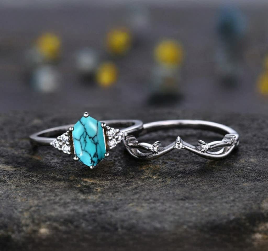 Retro Hexagon Turquoise Ring,Vintage Sterling Silver Ring Set,Unique Turquoise Engagement Ring,Promise Ring,Anniversary Ring Gift For Her (WHITE GOLD, 12)