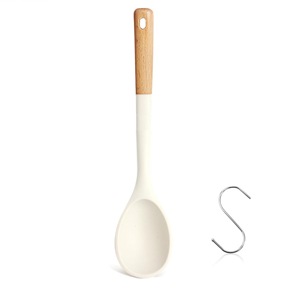 Large Silicone Cooking Spoons, Nonstick Solid Wooden Handle Kitchen Spoons, Heat Resistant Silicone Rubber Spoonula for Cooking, Serving, Basting, Mixing Tool, 13.2inch, Flexible Scraper (Khaki)