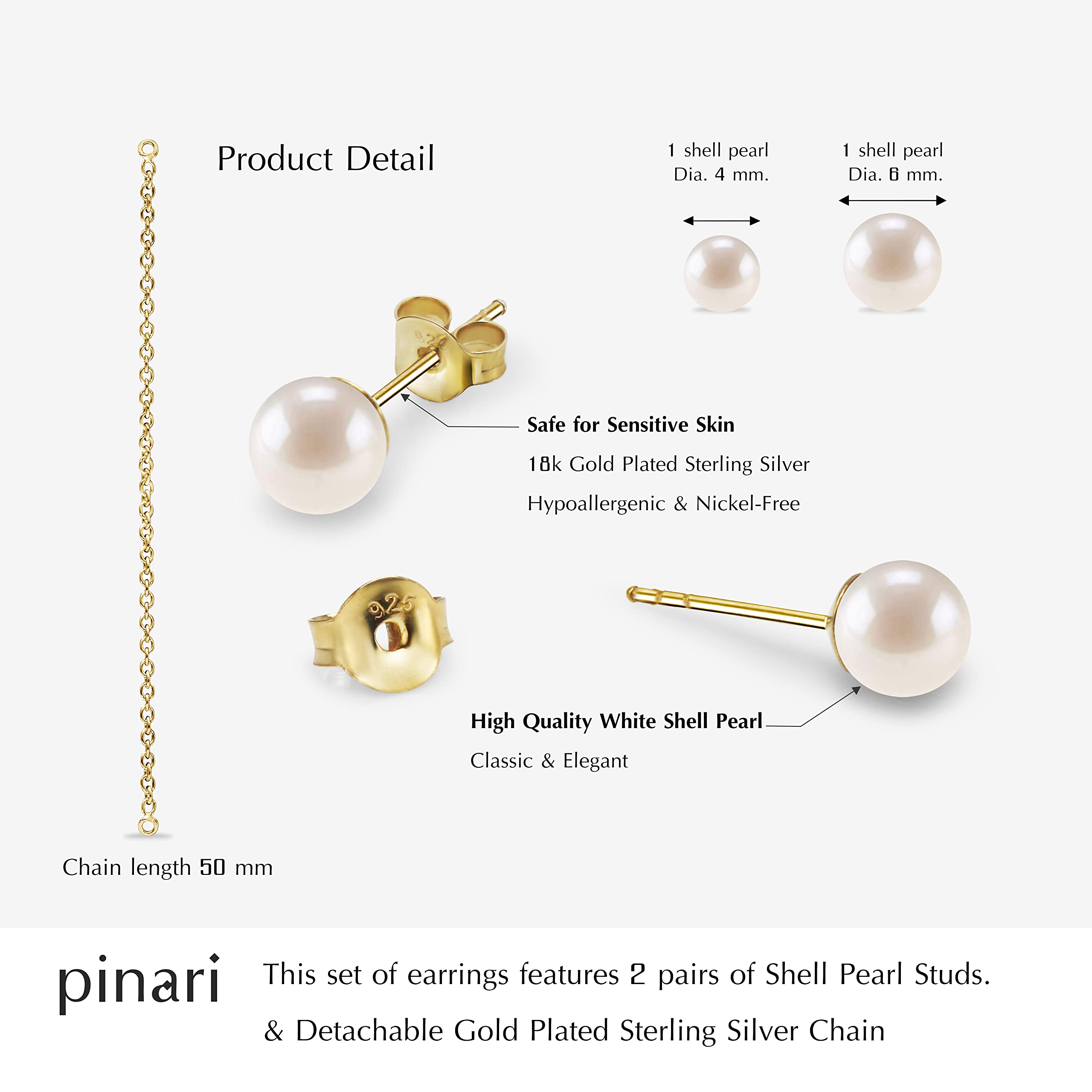 Pinari Double Piercing Pearl Earrings Set β Gold Plated Detachable Chain - 2 Pairs of Shell Pearl Studs β Sterling Silver Double Earrings for Two Holes
