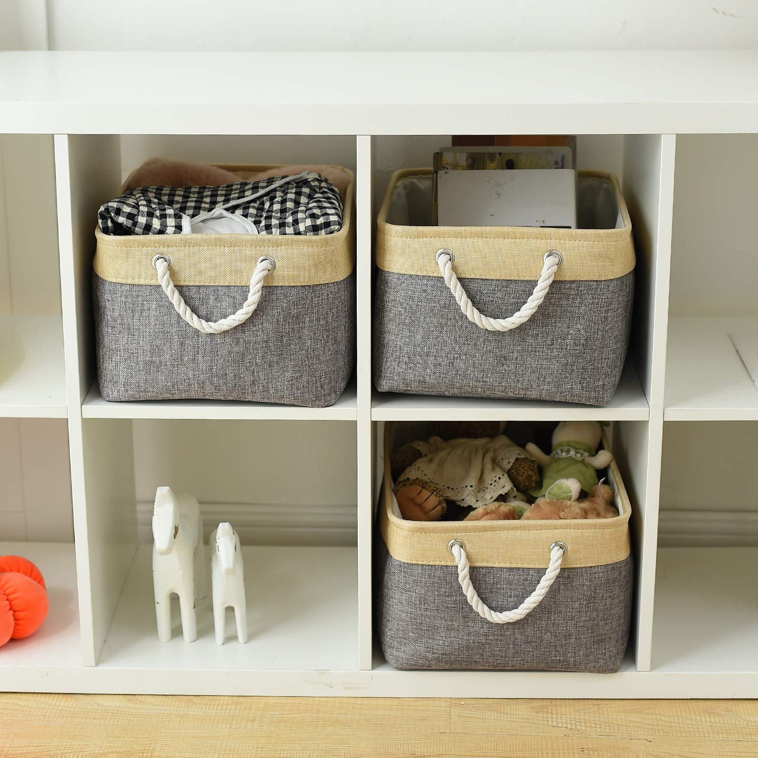 Tegance Storage Baskets Bins for Organizing, Foldable Sturdy Fabric Basket WHandles, Large Rectangular Decorative Storage Basket for Shelves Nursery Closet Toy Blanket， Grey&Gold (3 Pack