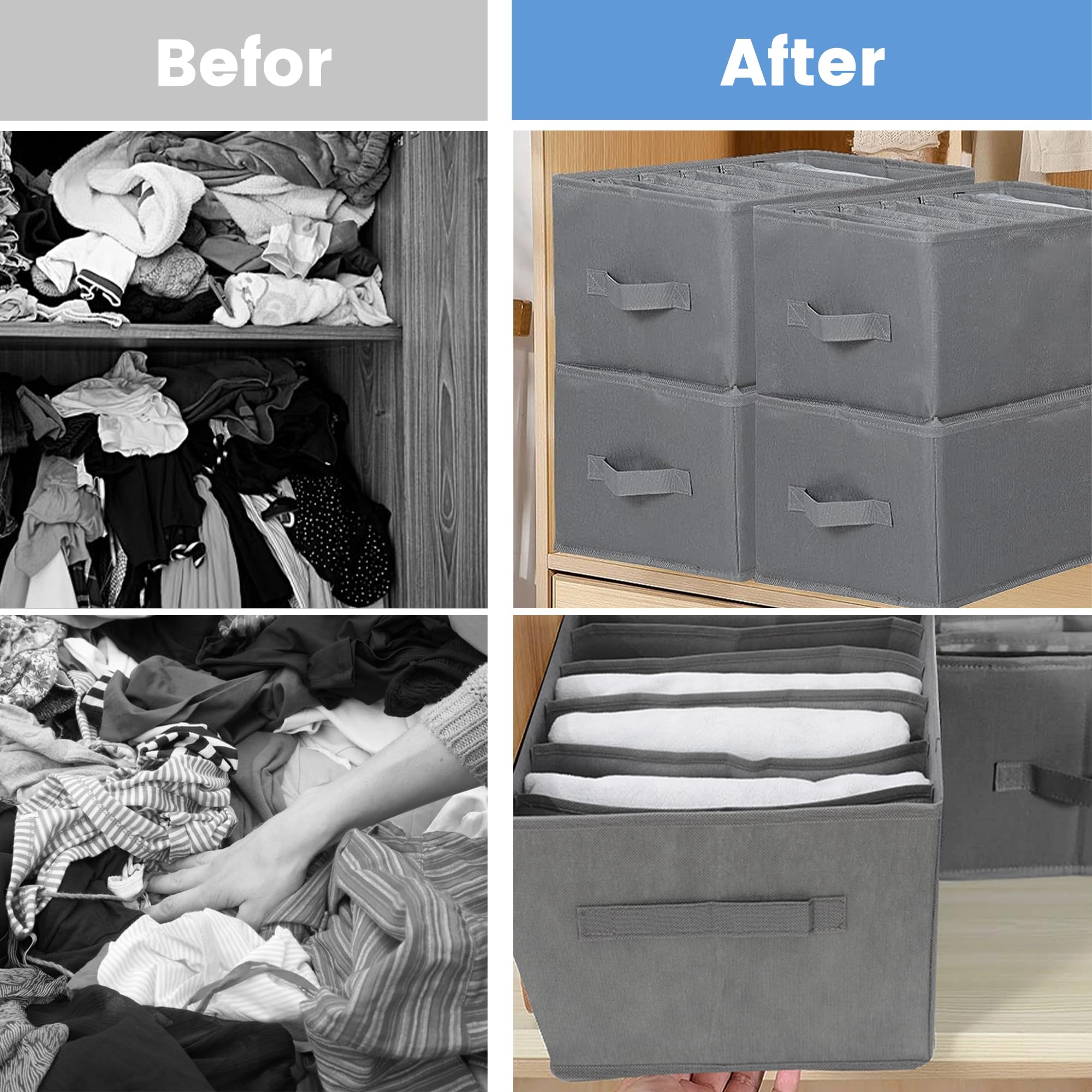 Large Wardrobe Clothes Organizer and Storage Box with Handles, 3 Pcs 22 Grids Stackable Bins for Clothing, Jeans, Pants, Sweater Storage - Stylish Dark Grey Solution for an Organized Closet.