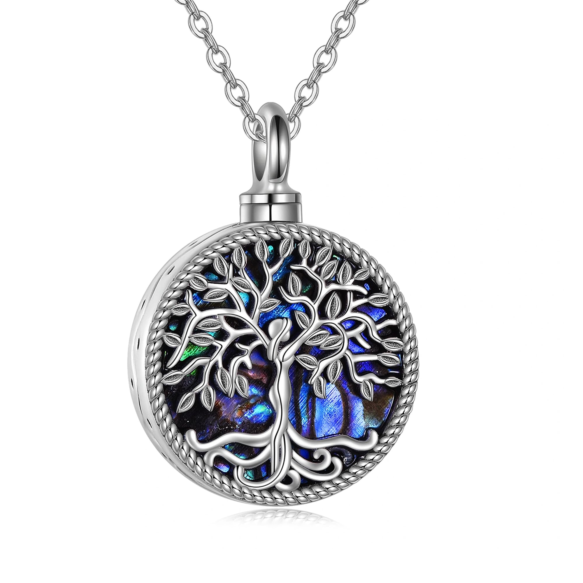 ONEFINITY Urn Necklace for Ashes Sterling Silver Tree of Life Cremation Jewelry for Ashes Round Abalone Shell Memory Jewelry for Women