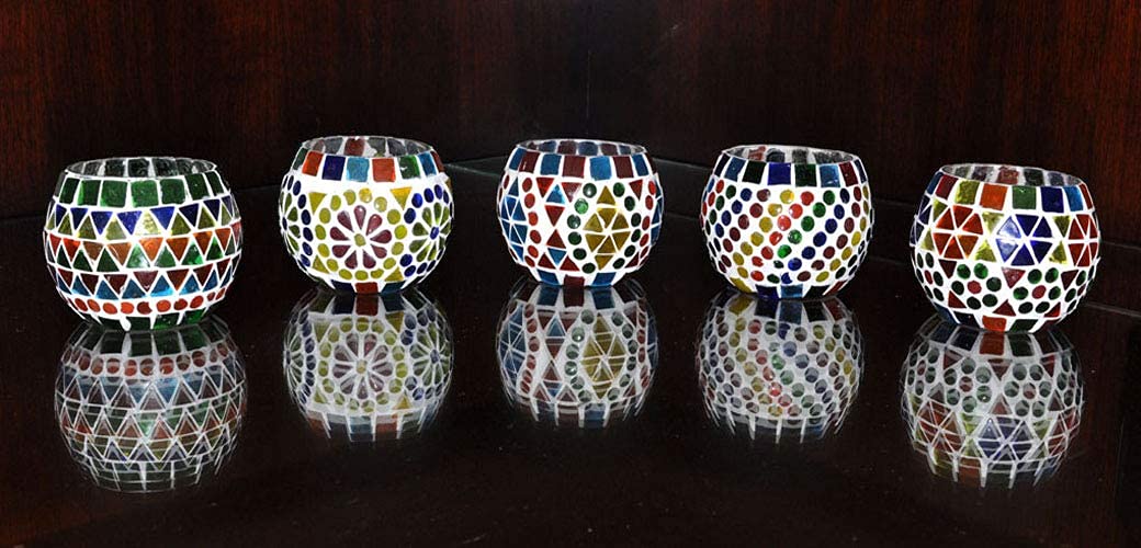Lalhaveli Wedding Home Garden Decoration Night Lighting Mosaic Glass Votive Tea Light Candle Holder Set of 5 Pcs (3X3 Inch)