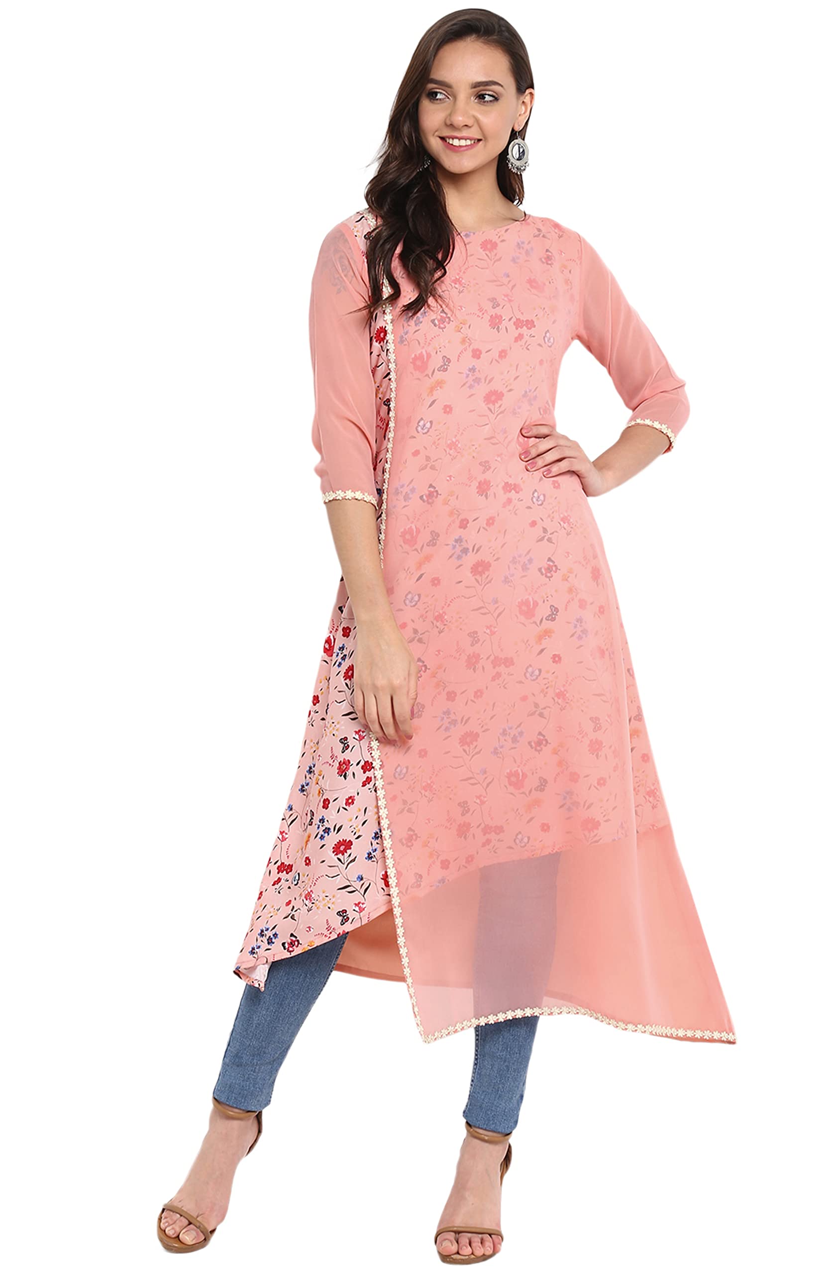 Janasya Indian Women's Tunic Tops Crepe Kurti for Women(JNE3252-KR-L) Pink
