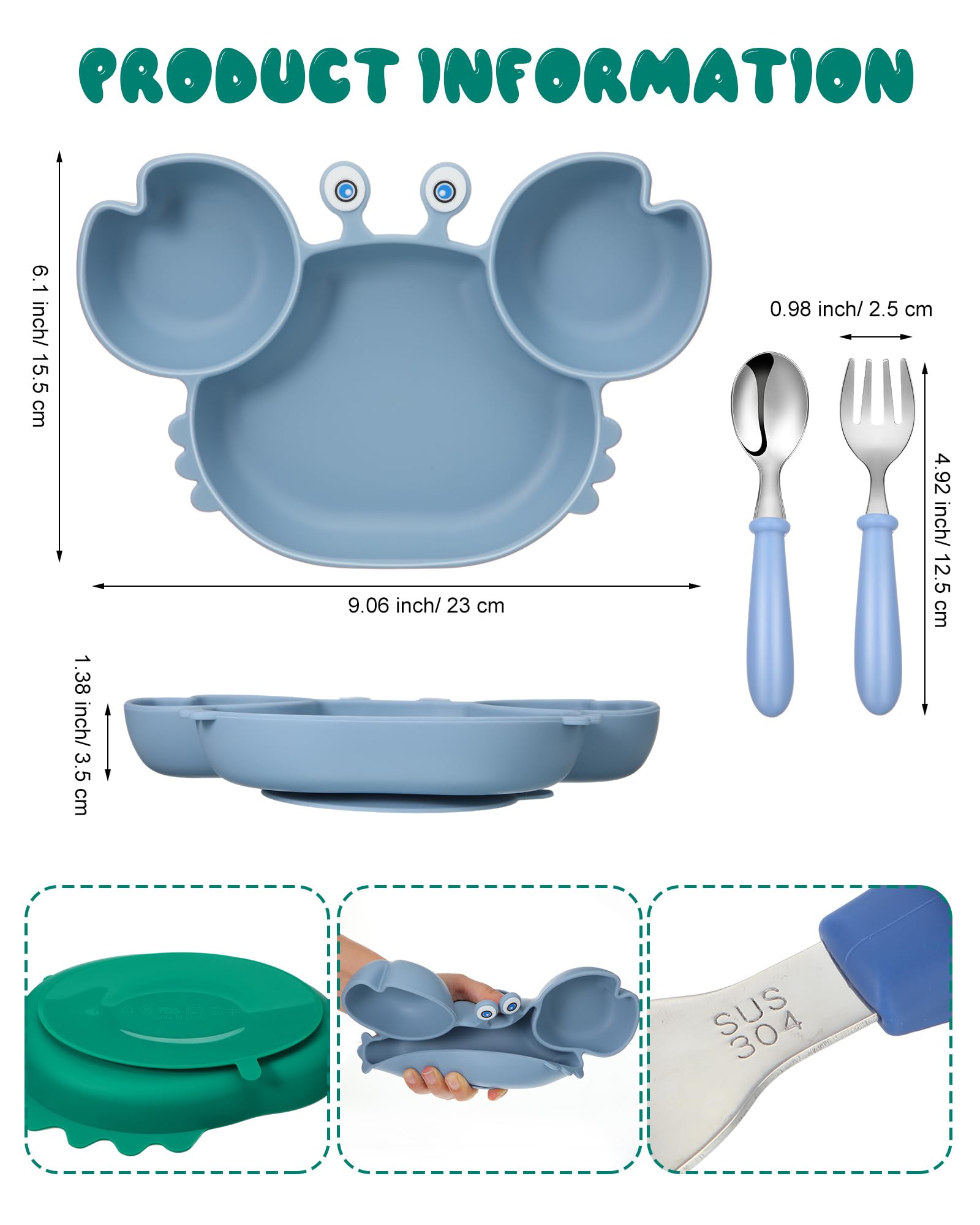 Maxdot 9 Pcs Baby Silicone Plates with Suction Divided Placemat Dish with Spoon Fork Set Toddler Plates Baby Plates and Utensils Set Kids Self Feeding Training Supplies, Dinosaurs, Crab, Hippo