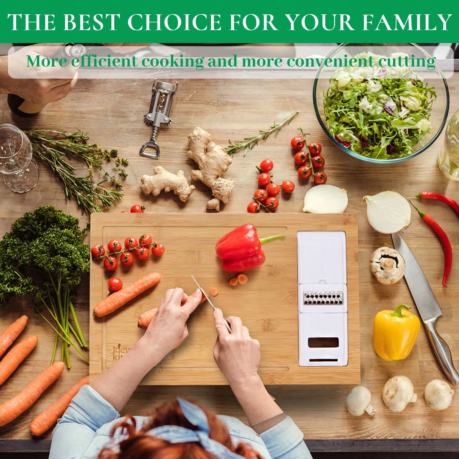 Klever Kitchen Bamboo Cutting Board with Storage Containers - Extra Large Chopping Board with Drawers, Stackable Inserts, Built-in Slicers - Sturdy Food Prep Cutting Board - Modern Meal Prep Station