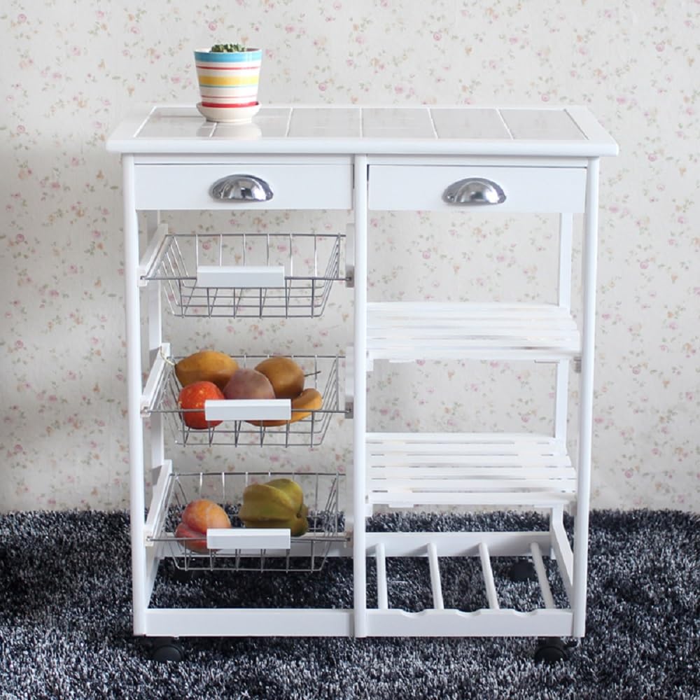 Kitchen Island Cart on Wheels,3 Tiers Rolling Utility Trolley Cart with 2 Drawers,Basket & Storage Shelf,Rolling Kitchen Island,Coffee Bar Microwave Stand Cart with Rolling Wheels for Kitchen(White)