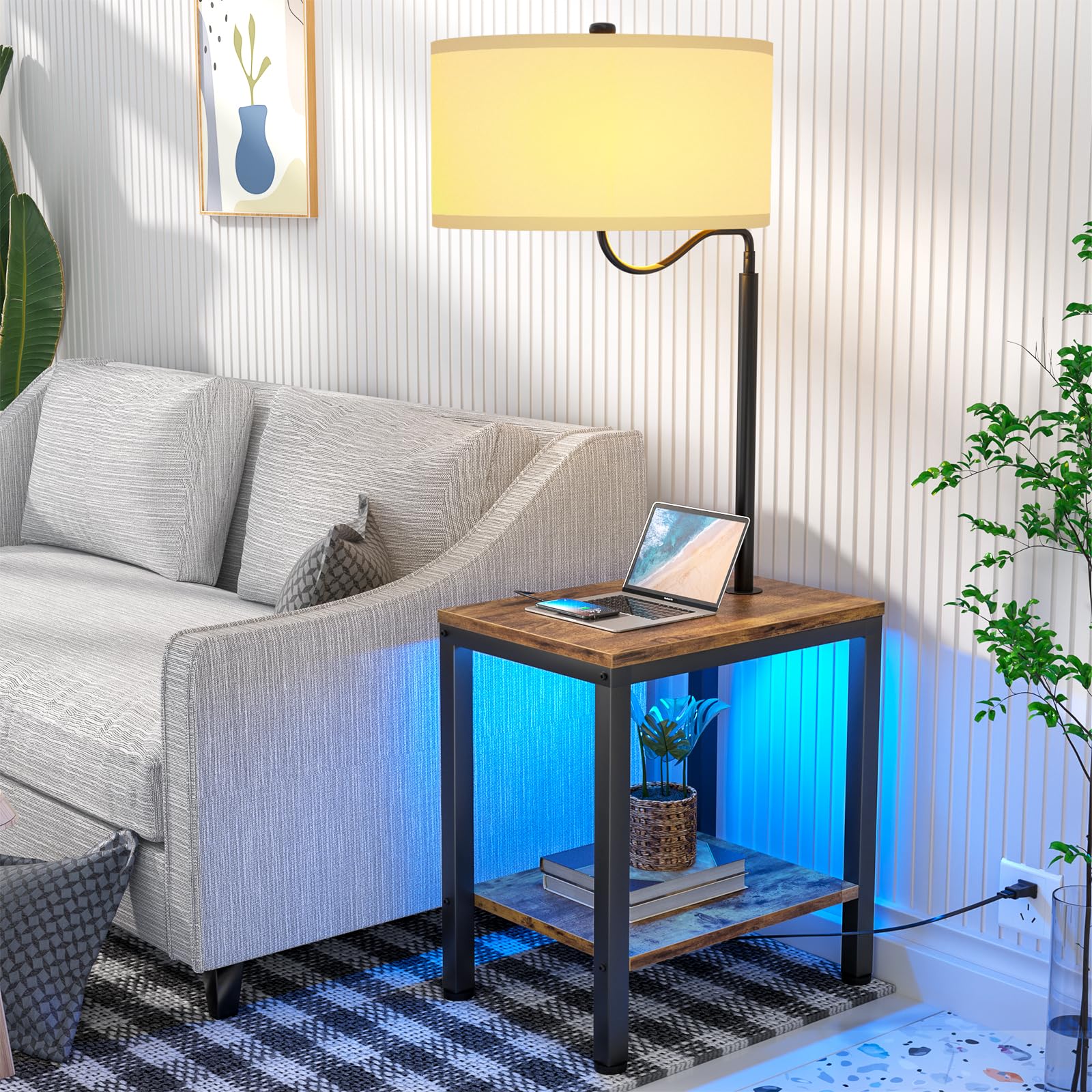 LityMax LED Floor Lamp with Table, Rustic Brown Side Table with LED Light and Power Outlet, Nightstand with Lamp, End Table with Lamp Attached for Living Room Bedroom, USB Ports, Bulb Included, 2 Pack