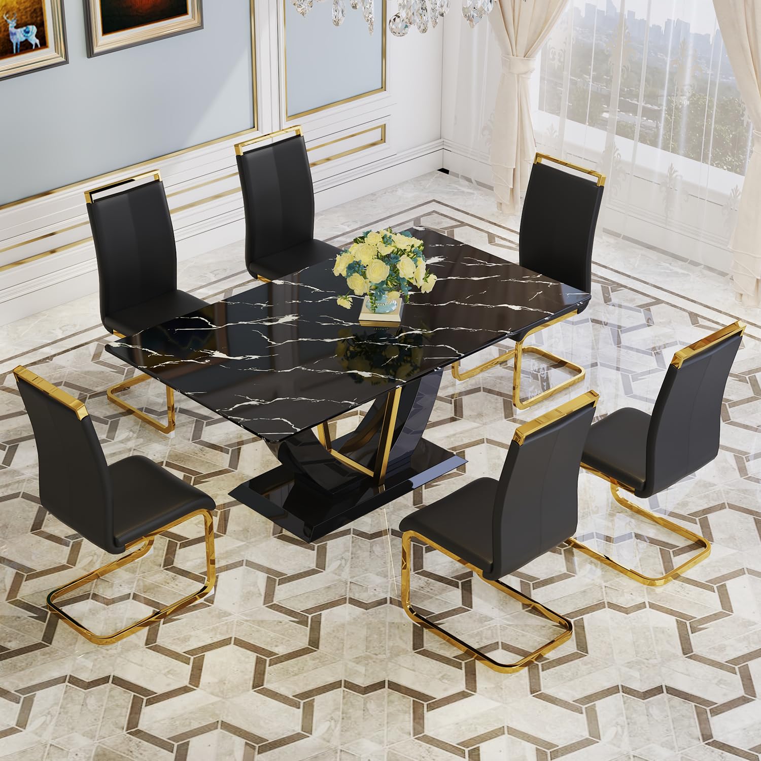 JUFU 71" Modern Dining Room Table Set for 6, Black Marble Faux Kichen Table Set with U-Shaped Base,Luxurious Rectangular Diner Table ANG Leather Dining Chairs with Golden Legs