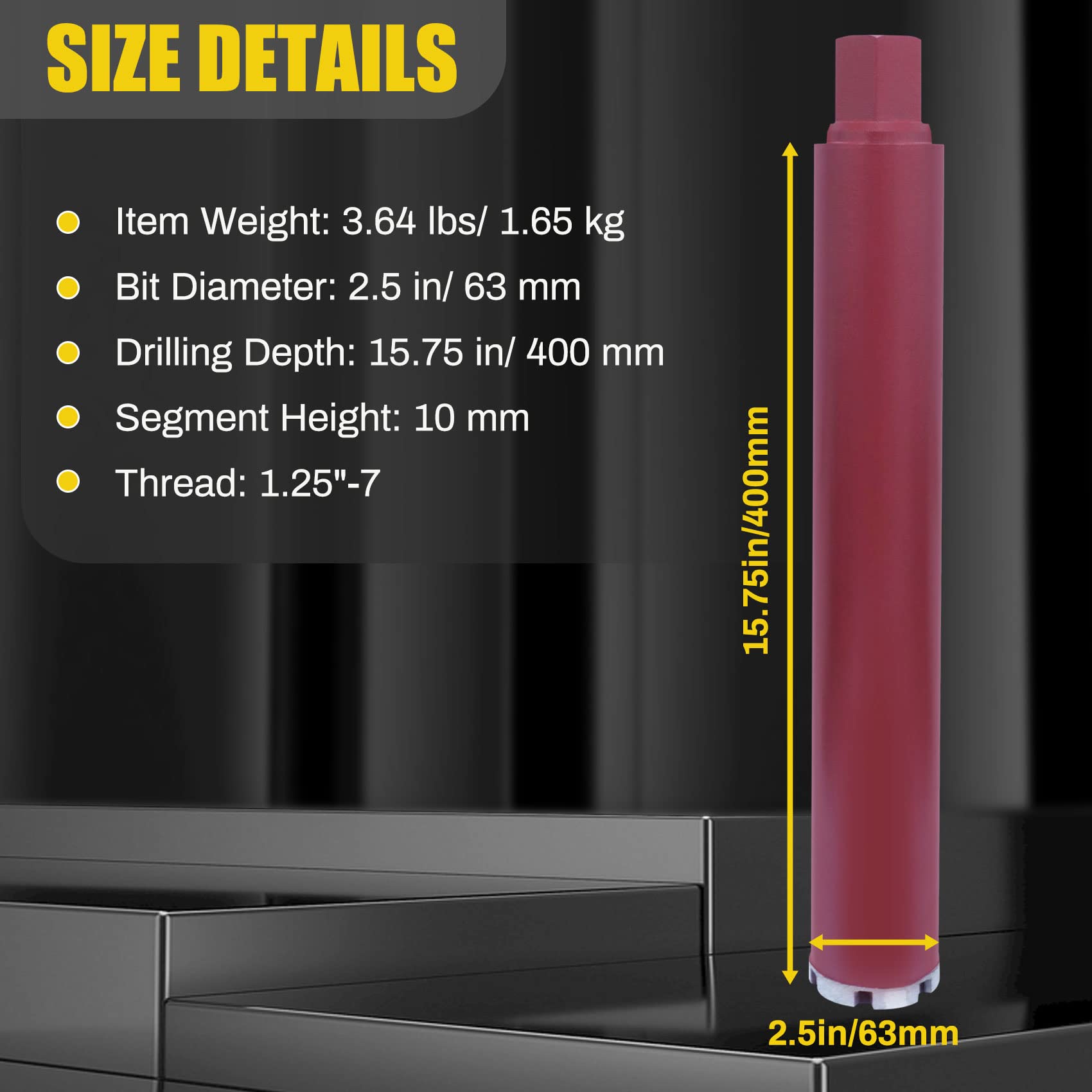 TALOOS 2-1/2" Wet Drill Core Bits for Concrete and Hard Masonry, Diamond Core Drill Bits for Marble, Granite, Rocks and Bricks | 15-3/4" Drilling Depth, 10mm Segment Height, 1-1/4"-7 Arbor | Wet Only