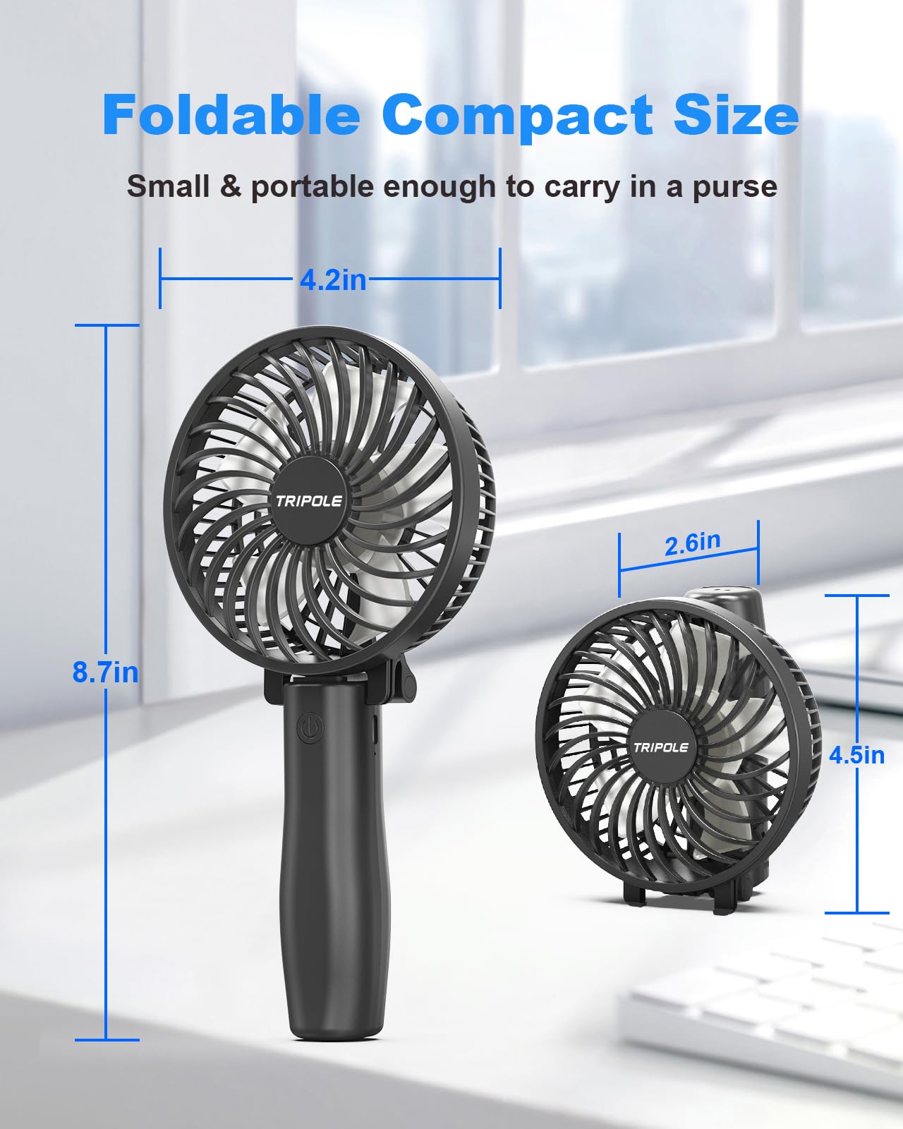 TriPole Handheld Fan Portable Mini Fan, 3 Speeds Foldable Small Personal Fan, Rechargeable USB Desk Fan, Powerful Hand Held Fan Battery Operated for Travel Outdoor Makeup Gifts, Black, 4.2” Fan Cover